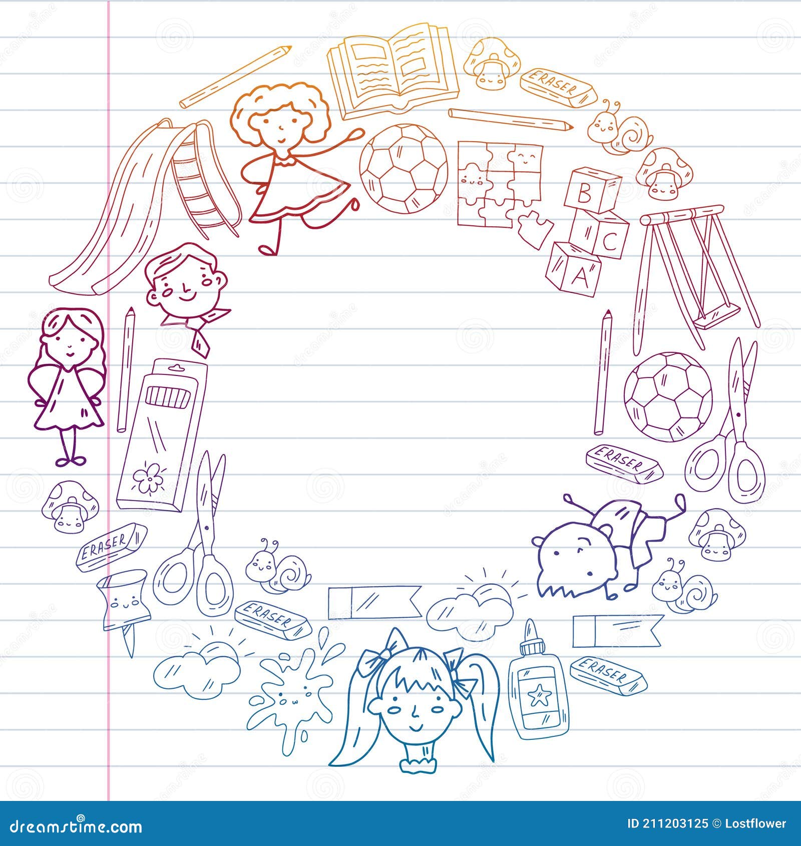 Kindergarten. Vector Pattern with Toys and Small Children. Preschool ...