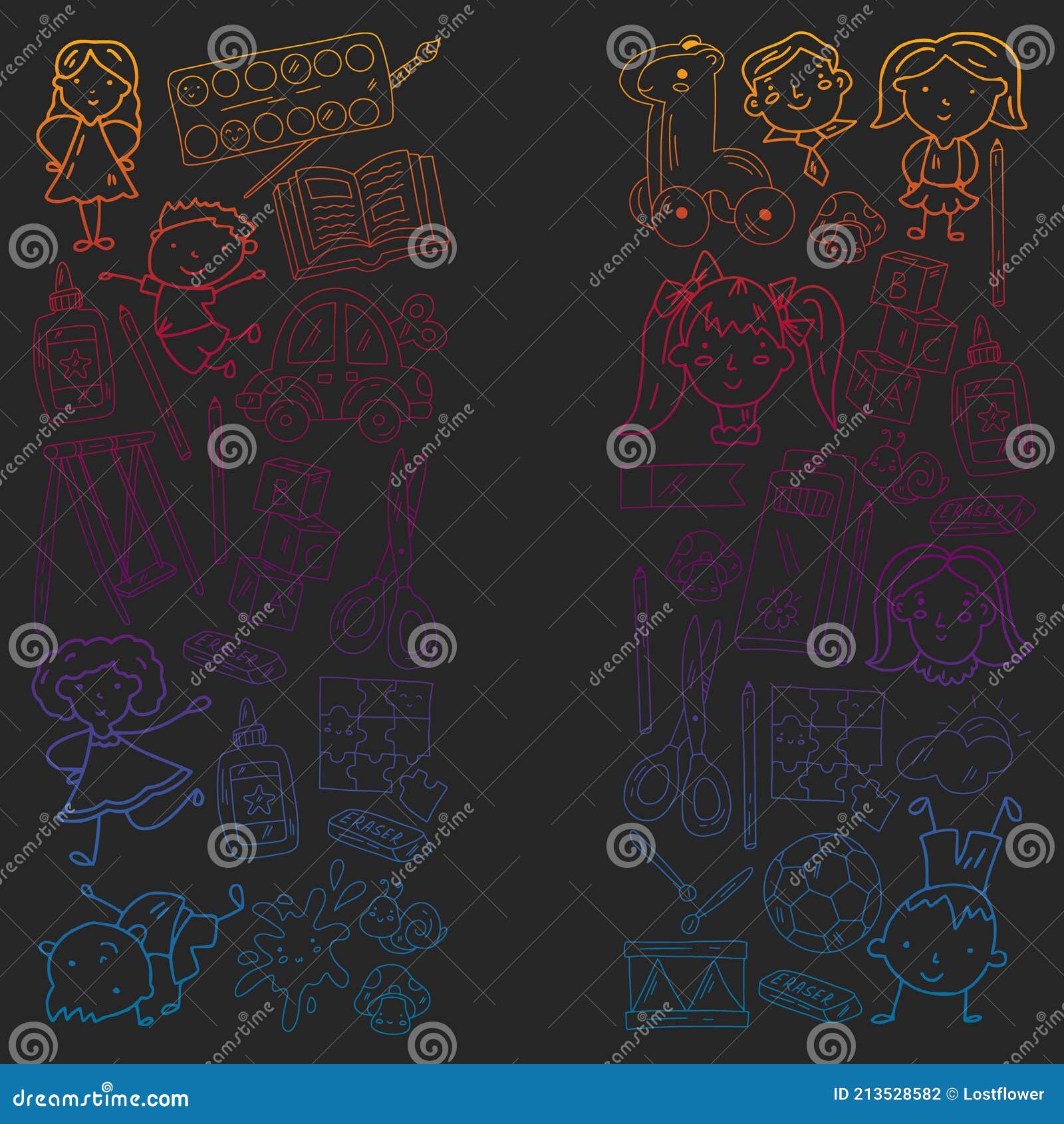 Kindergarten. Vector Pattern with Toys and Small Children. Preschool ...