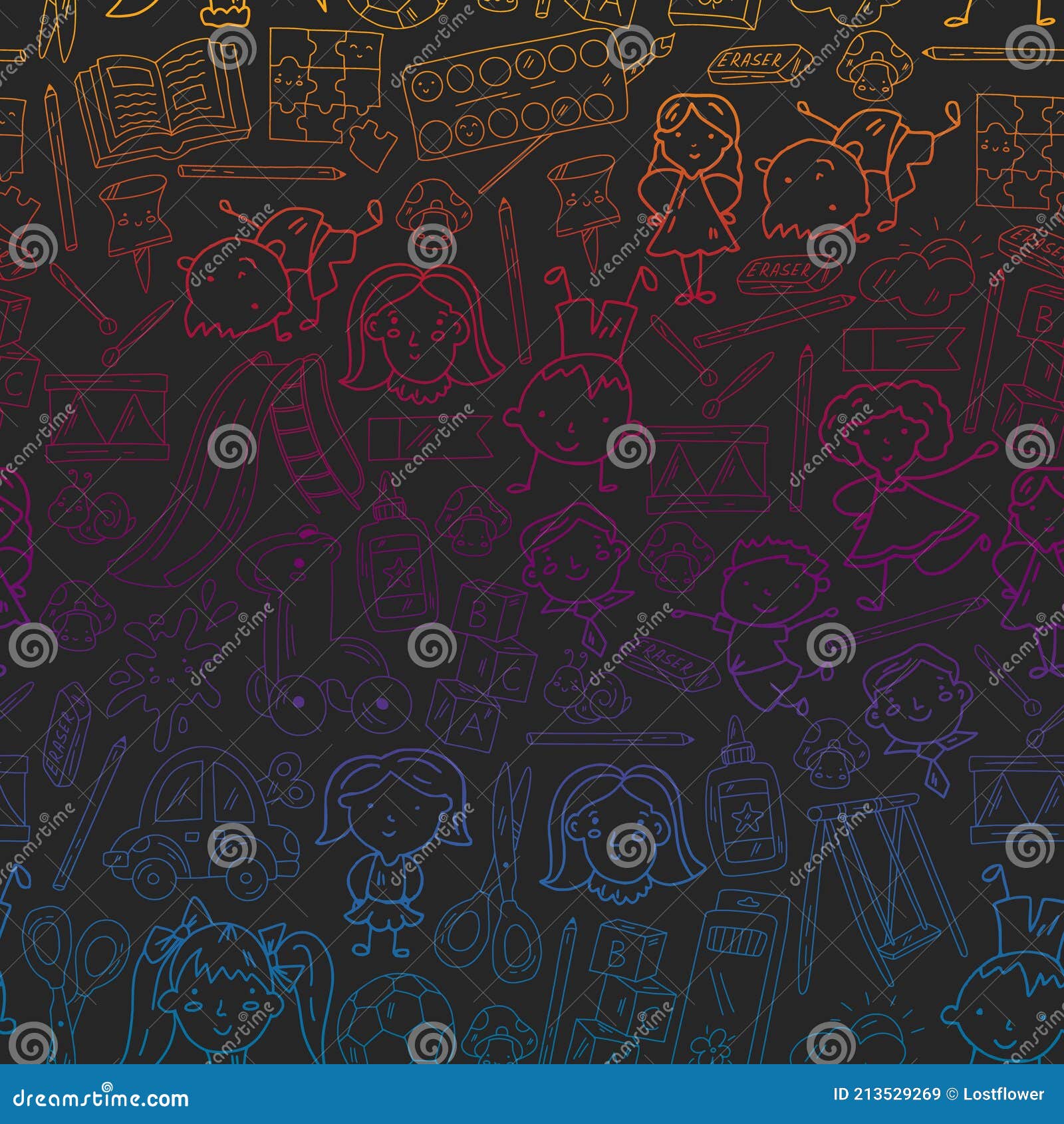 Kindergarten. Vector Pattern with Toys and Small Children. Preschool ...