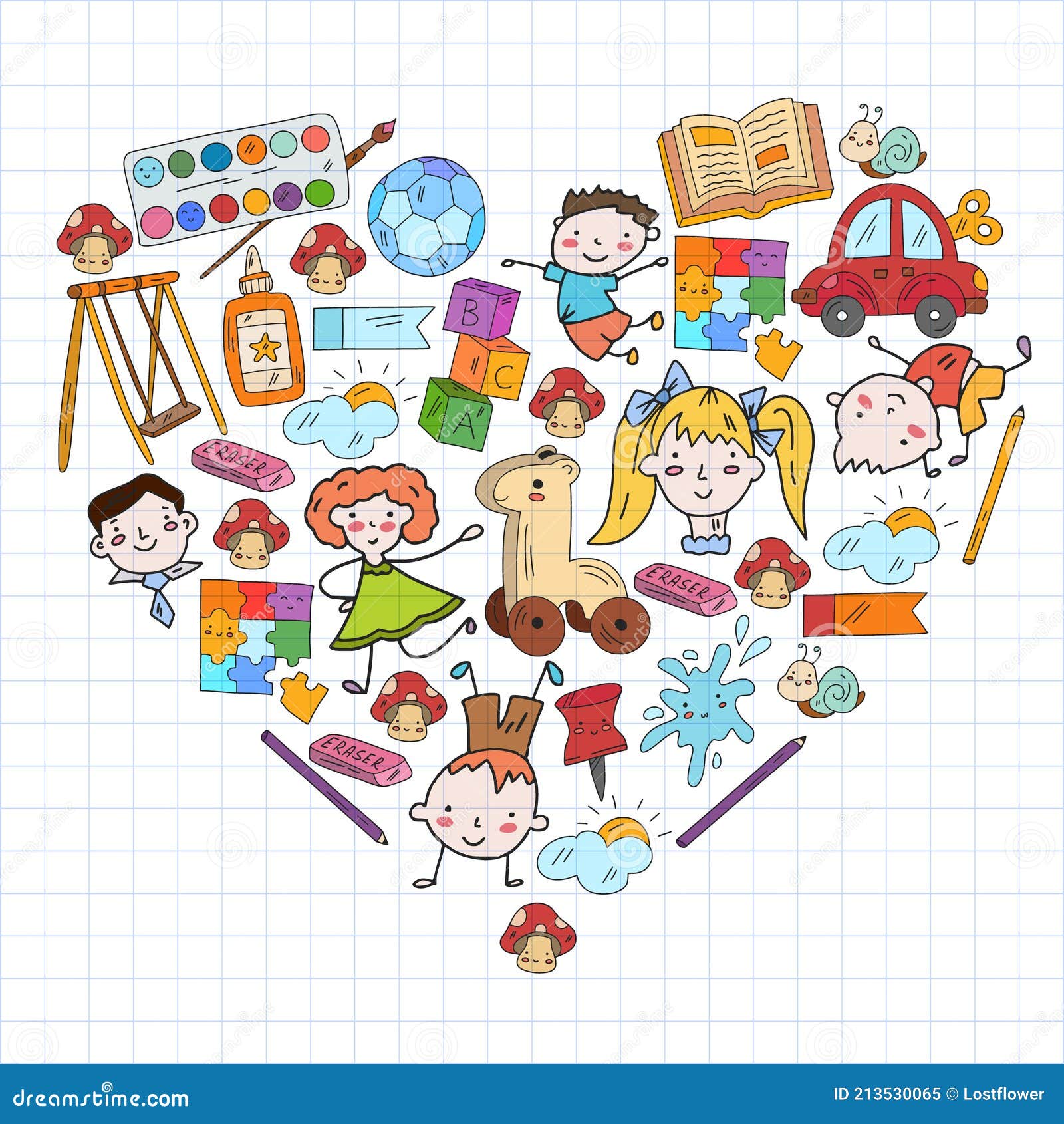 Kindergarten. Vector Pattern with Toys and Small Children. Preschool ...
