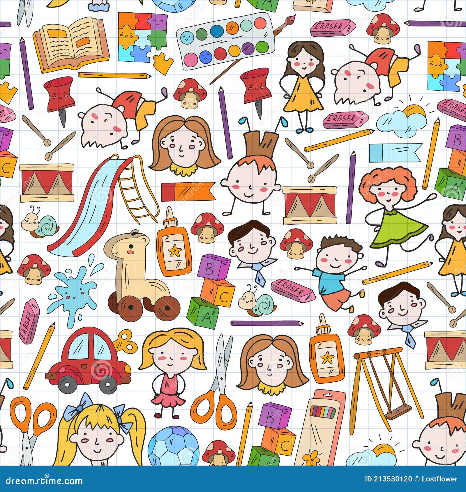 Kindergarten. Vector Pattern with Toys and Small Children. Preschool ...