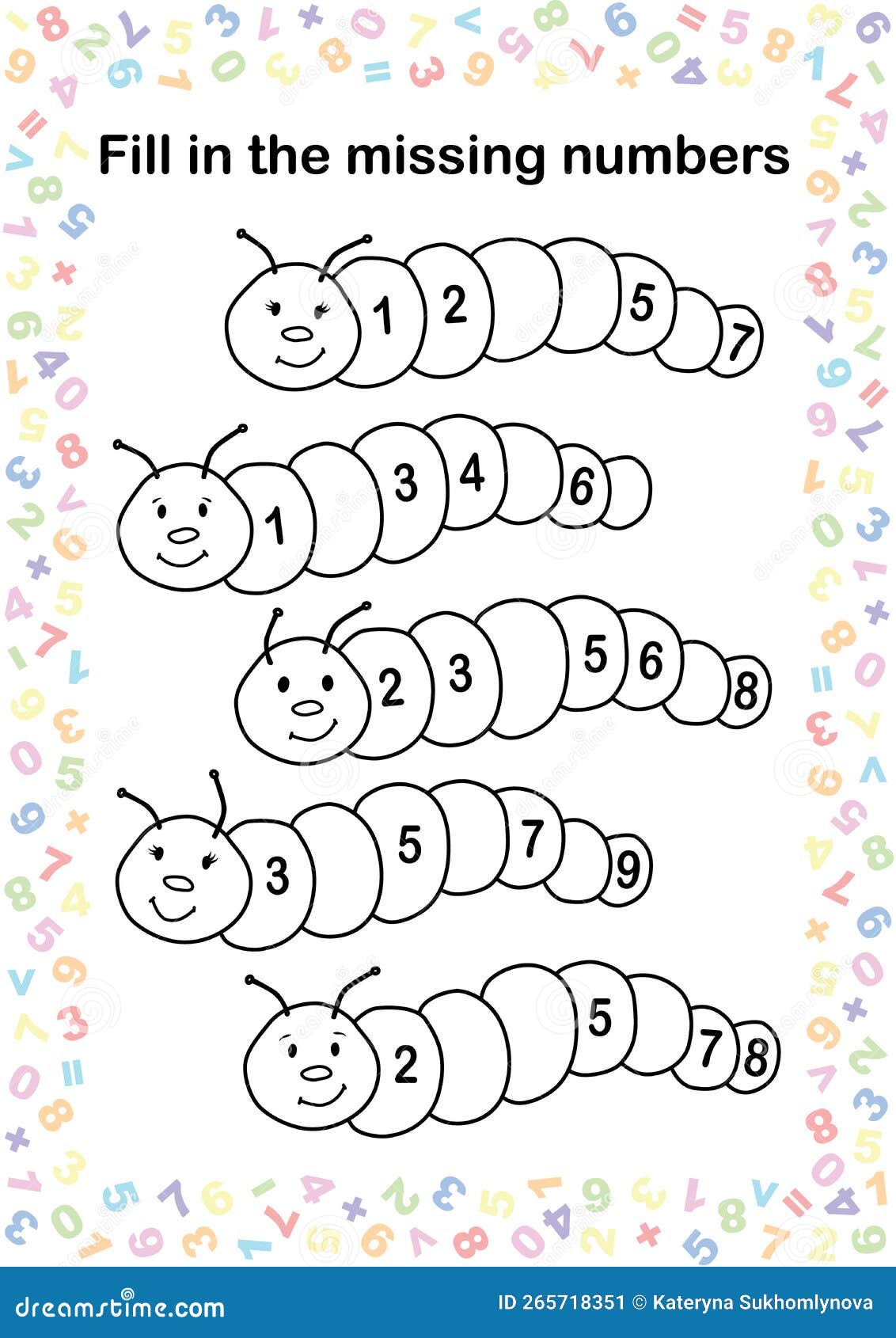 Kindergarten Worksheet, Fill the Missed Numbers Exercise, Vector Format ...