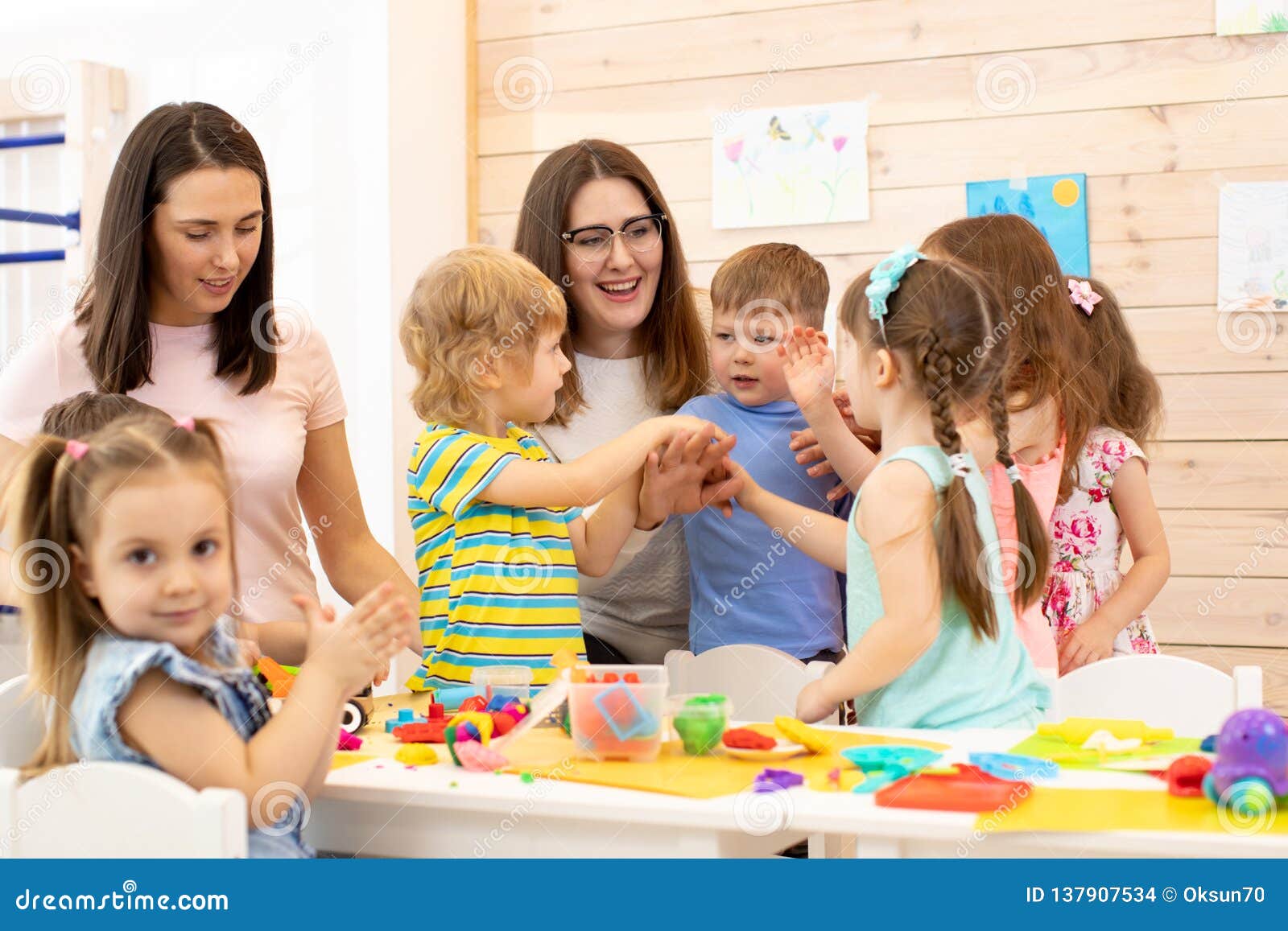Kindergartener with Kids Group in Classroom Stock Photo - Image of ...