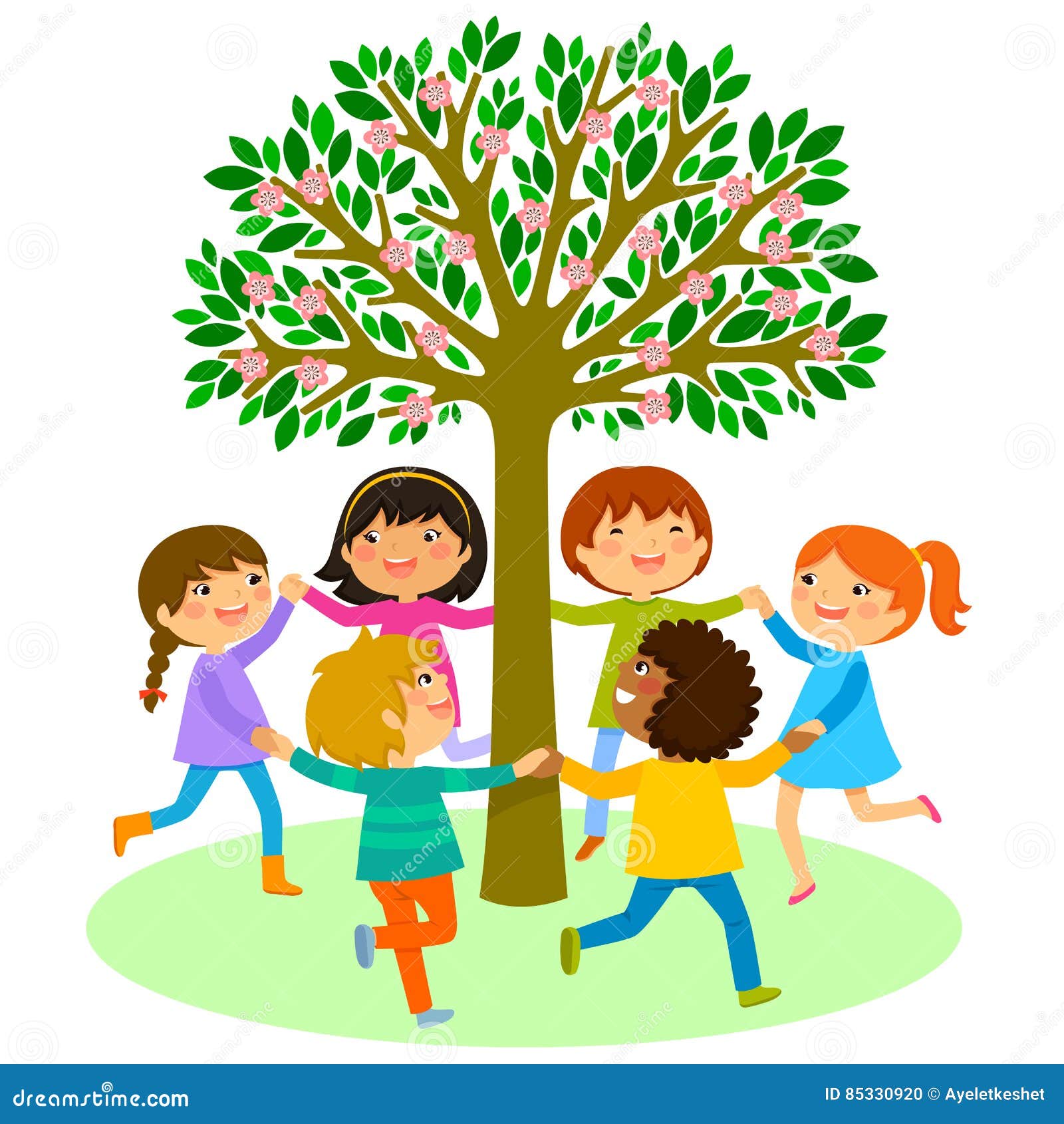 Kindertanz um einen Baum vektor abbildung. Illustration von freundlich ...