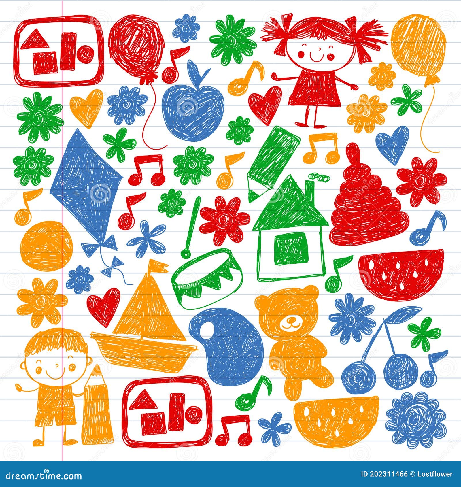 Kindgergarten Vector Pattern. Kids Drawing Style. Children Play and ...