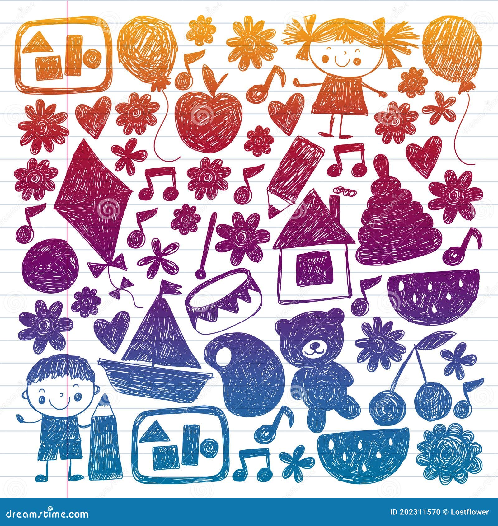 Kindgergarten Vector Pattern. Kids Drawing Style. Children Play and ...