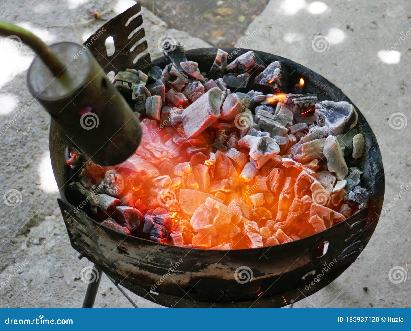 Kindling Coals for Roasting Meat on the Grill Using a Gas Stock Photo ...