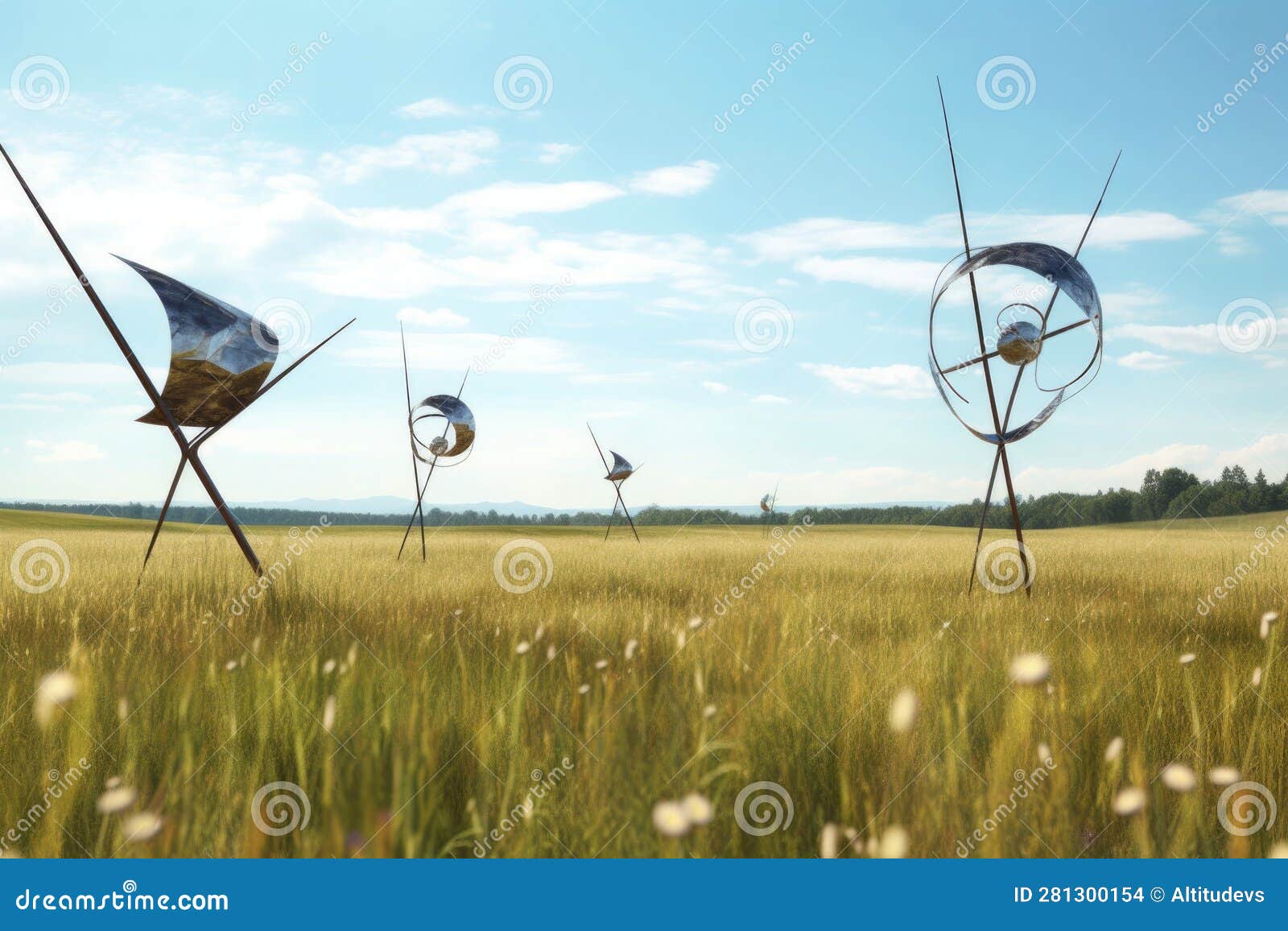 Kinetic Wind Sculptures Swaying in an Open Field Stock Illustration ...