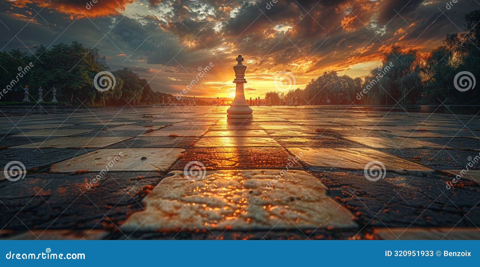 King Chess Piece on a Chessboard at Sunset with a Golden Sky Backdrop ...