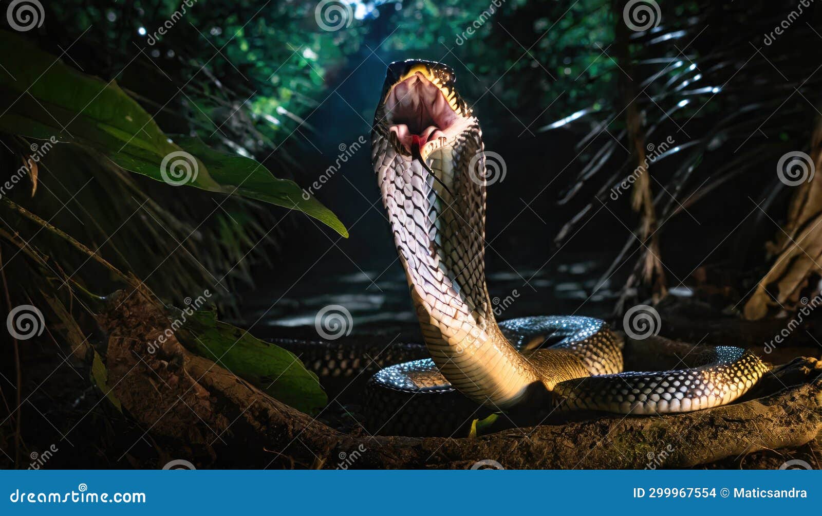 Cobra With An Open Mouth And Large Fangs In Attack In A Tropical Forest ...