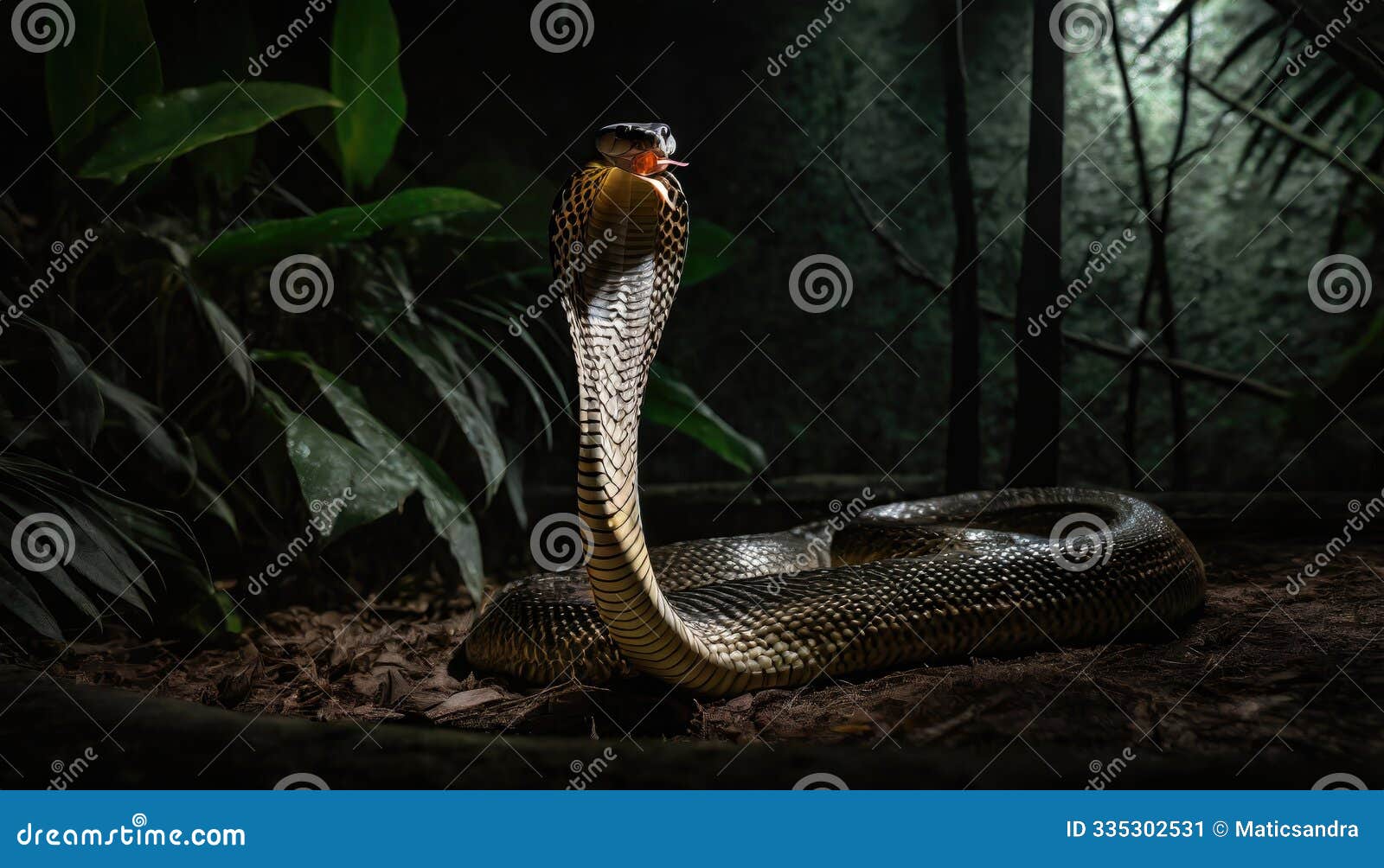 Cobra With An Open Mouth And Large Fangs In Attack In A Tropical Forest ...