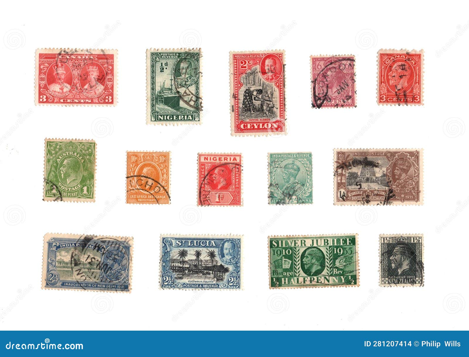 King George V Postage Stamps from Around the World. Stock Illustration ...