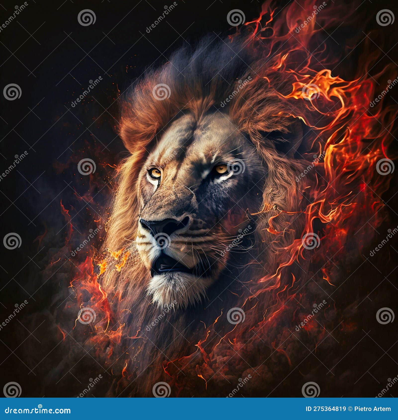 King Lion Fire Portrait, Generative AI Stock Illustration ...