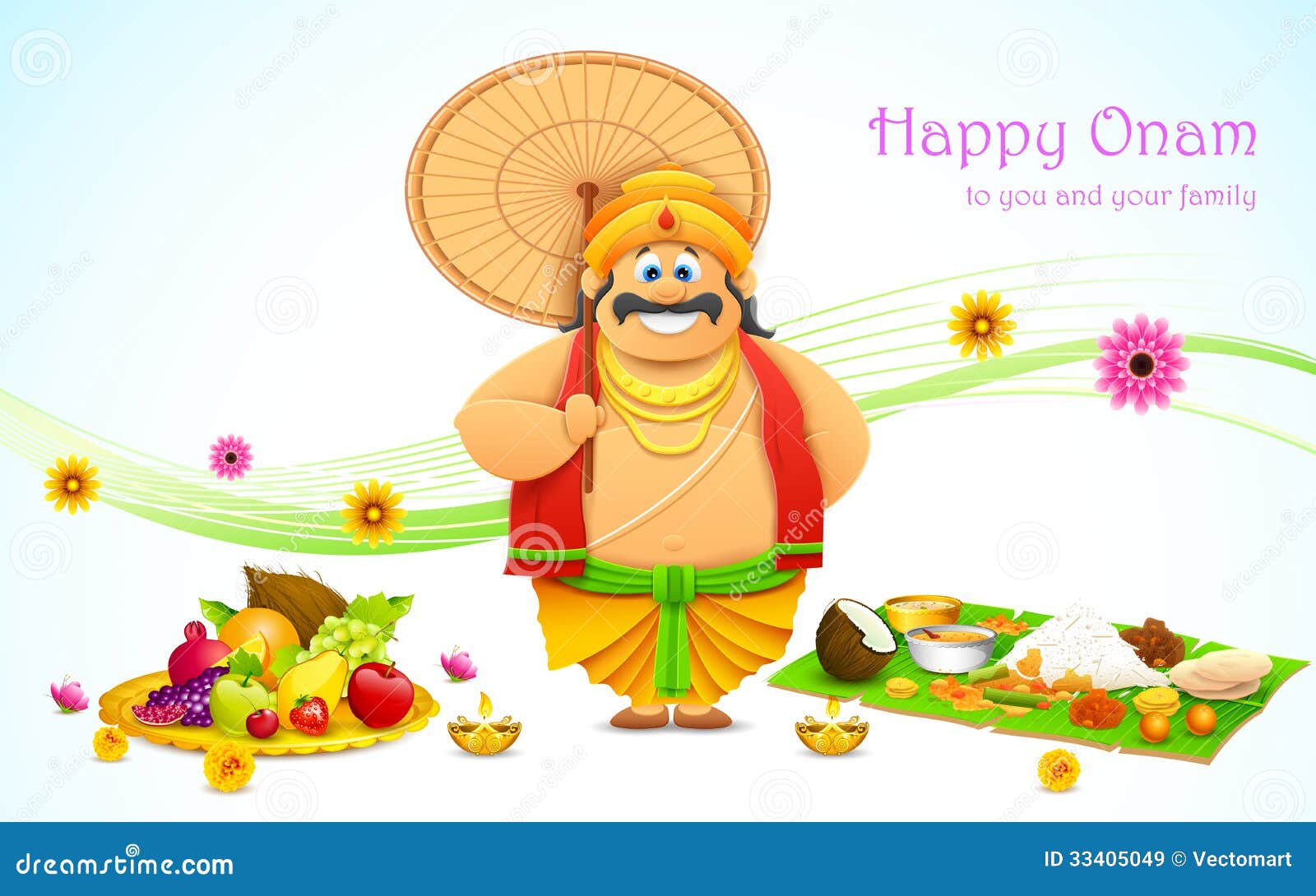 King Mahabali Holding Umbrella In Front Of Onam Floral Designs Cartoon ...