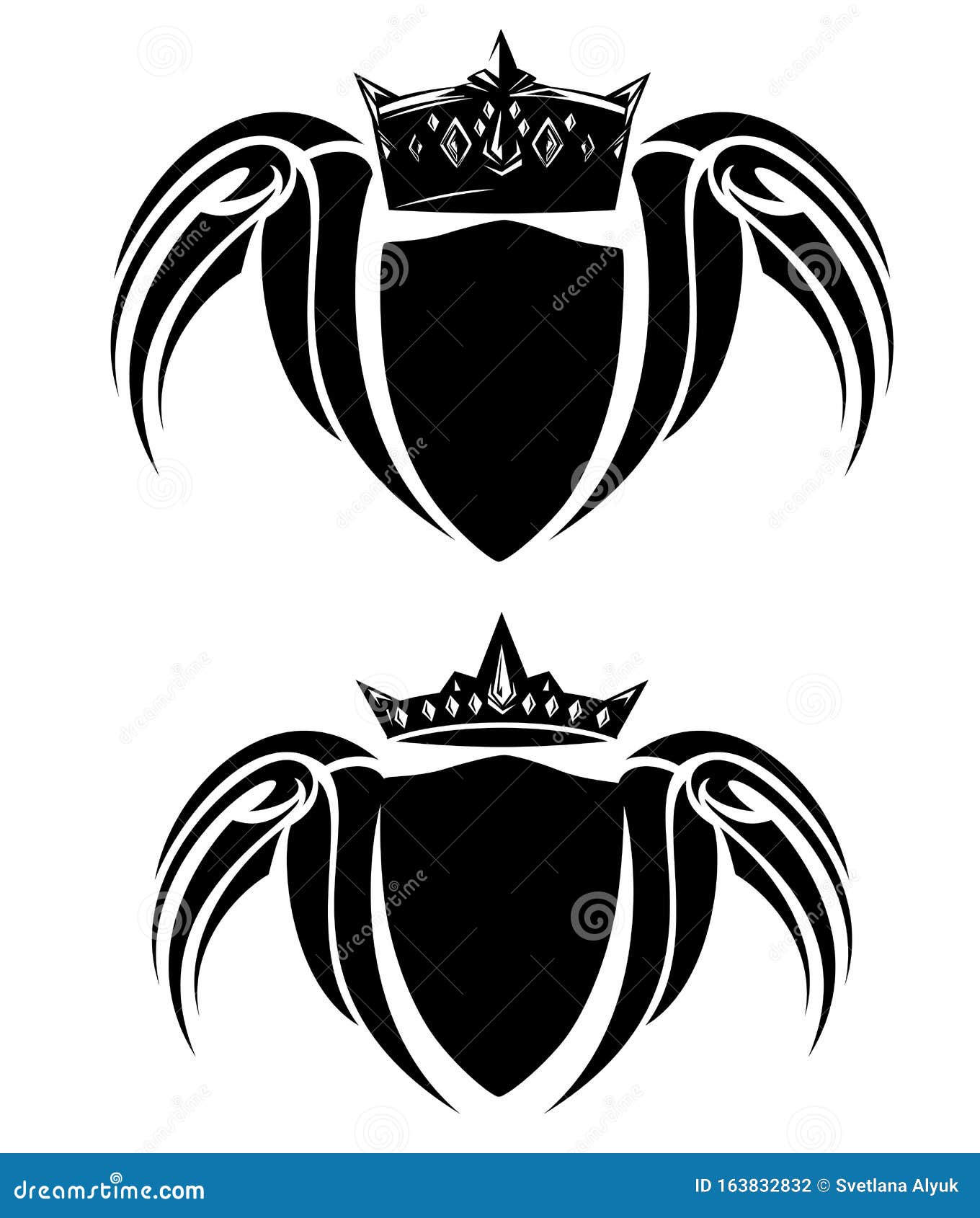 King and Queen Crown and Winged Heraldic Shield Black Vector Design Set ...