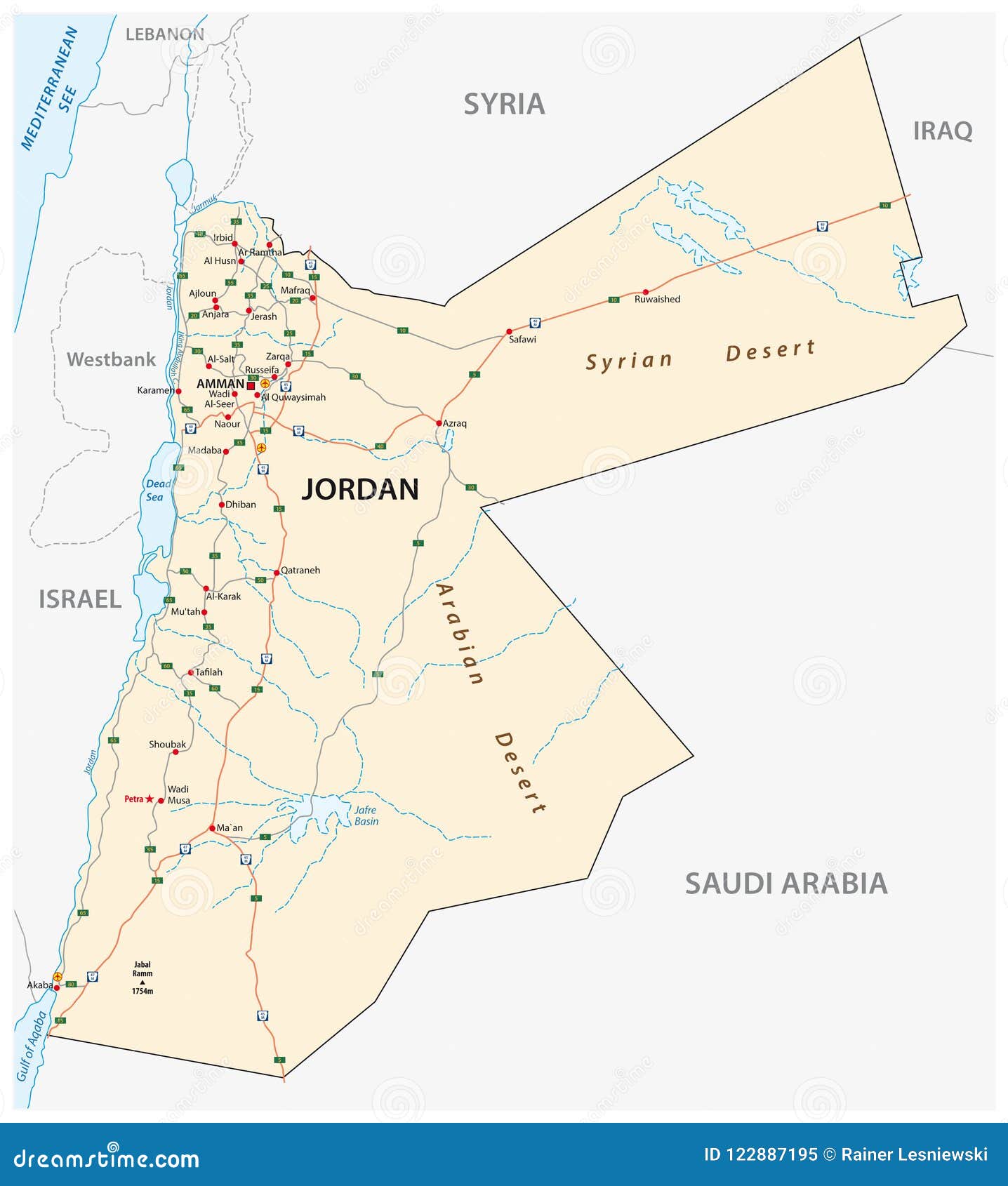 Kingdom of Jordan Road Vector Map Stock Vector - Illustration of blue ...