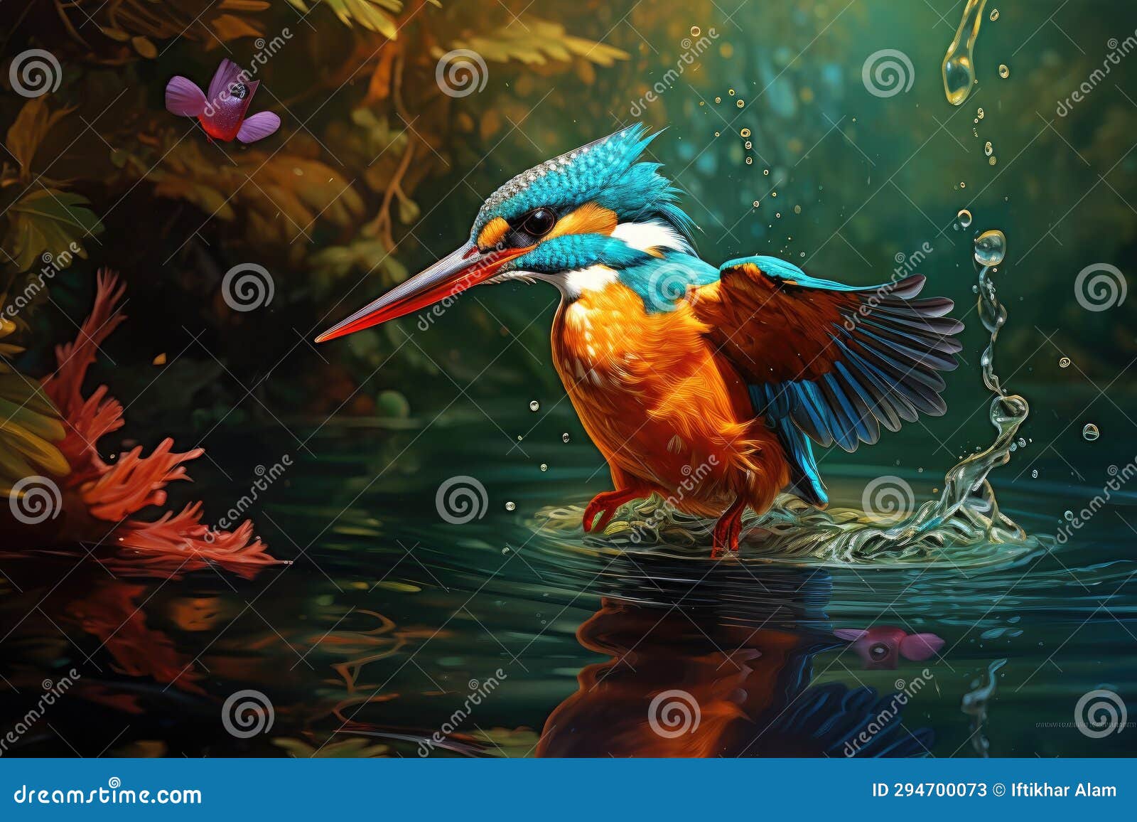 Kingfisher in the Water, 3d Rendering. Computer Digital Drawing ...