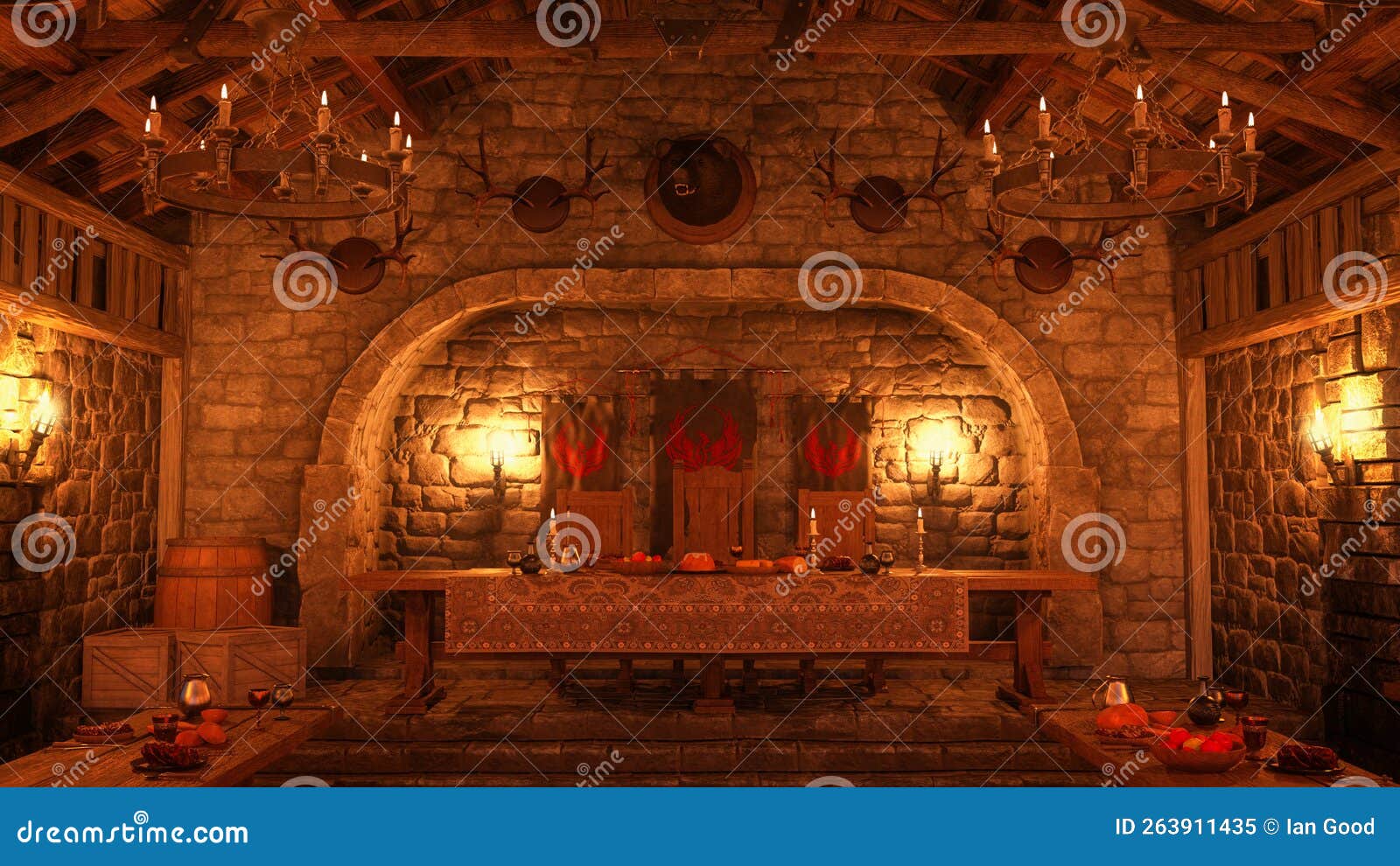 Kings Table with Food and Candles in a Medieval Dining Hall. 3D ...