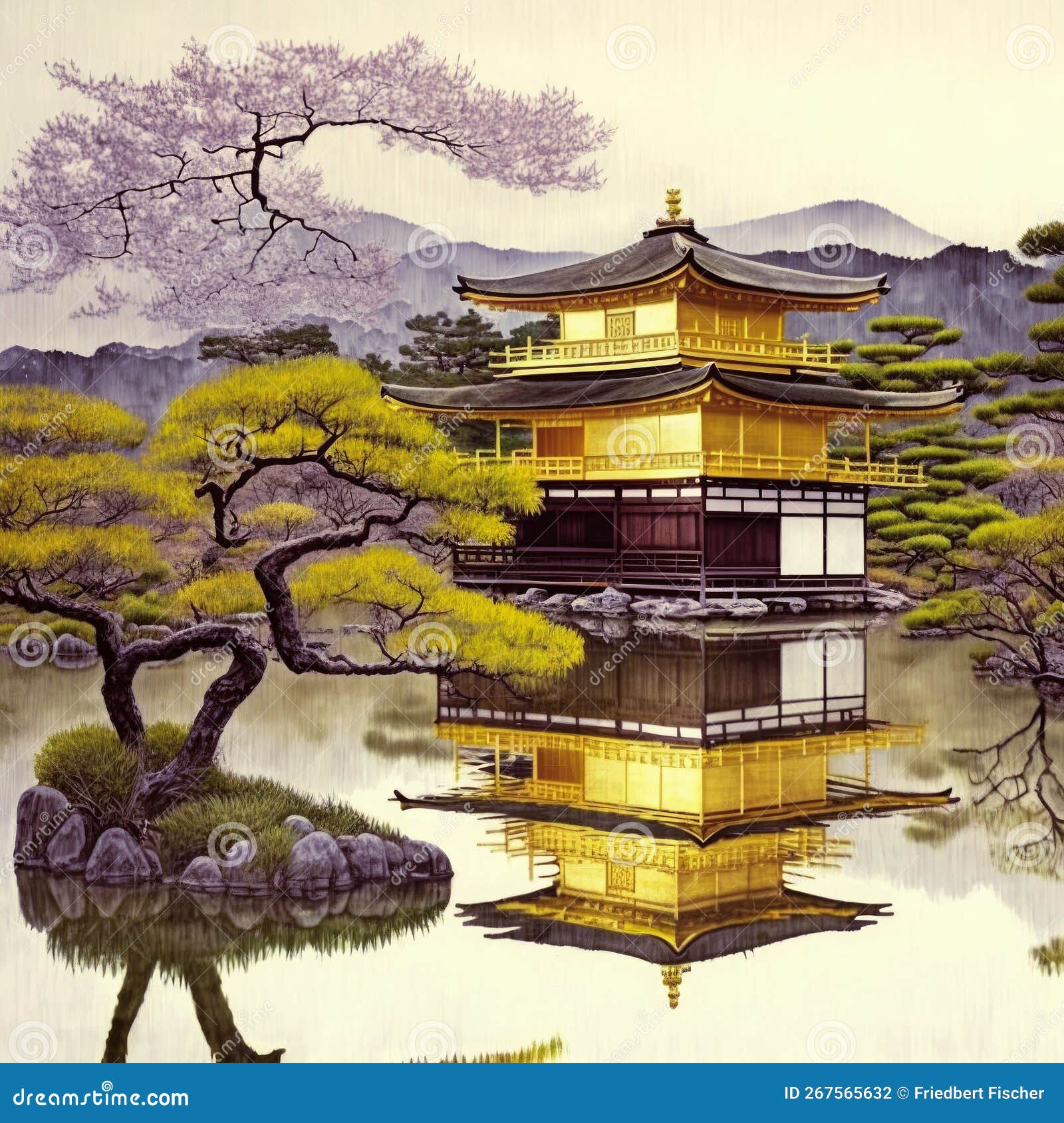 Kinkakuji, Golden Pavilion in Kyoto with Sakura and Pine Trees in ... Kinkakuji, Golden Pavilion in Kyoto with Sakura and Pine Trees in ...