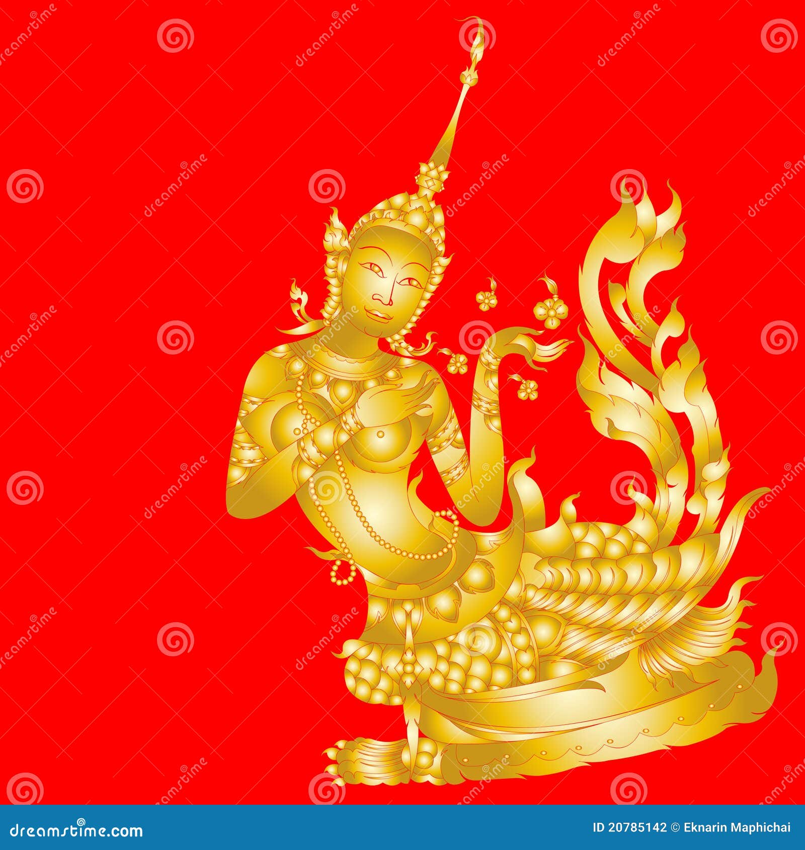 Kinnaree Art ( Lai Thai ) on Red Background Stock Illustration ...