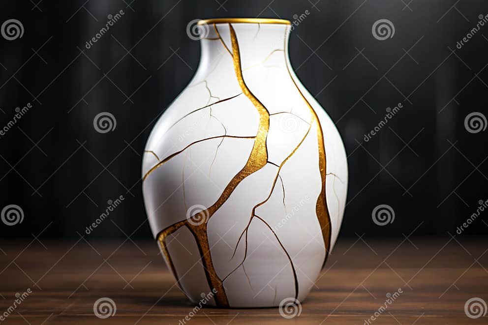 Kintsugi Process on a Broken Vase with Gold Lines Stock Photo - Image ...