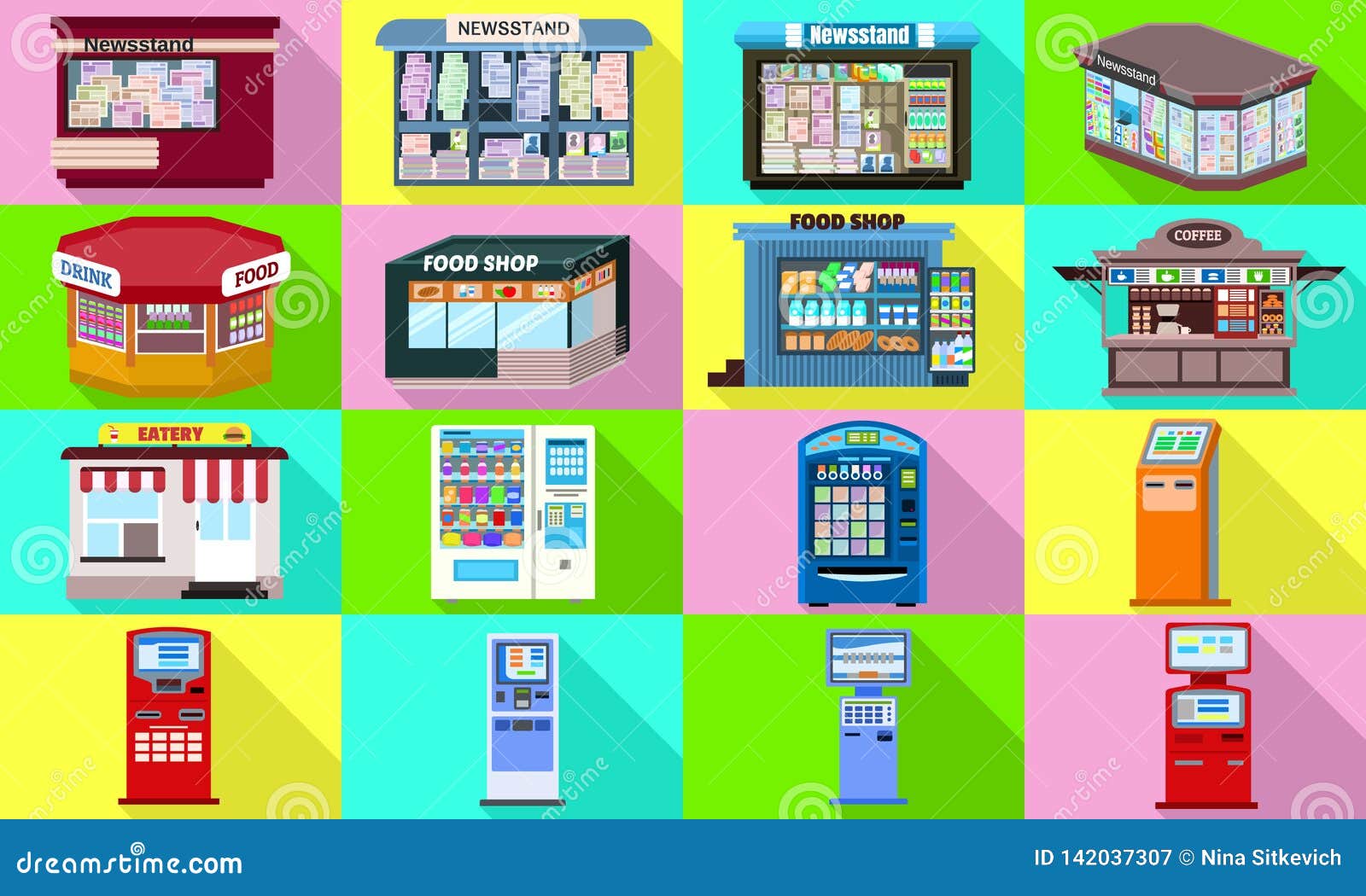 Kiosk Icons Set, Flat Style Stock Vector - Illustration of person ...