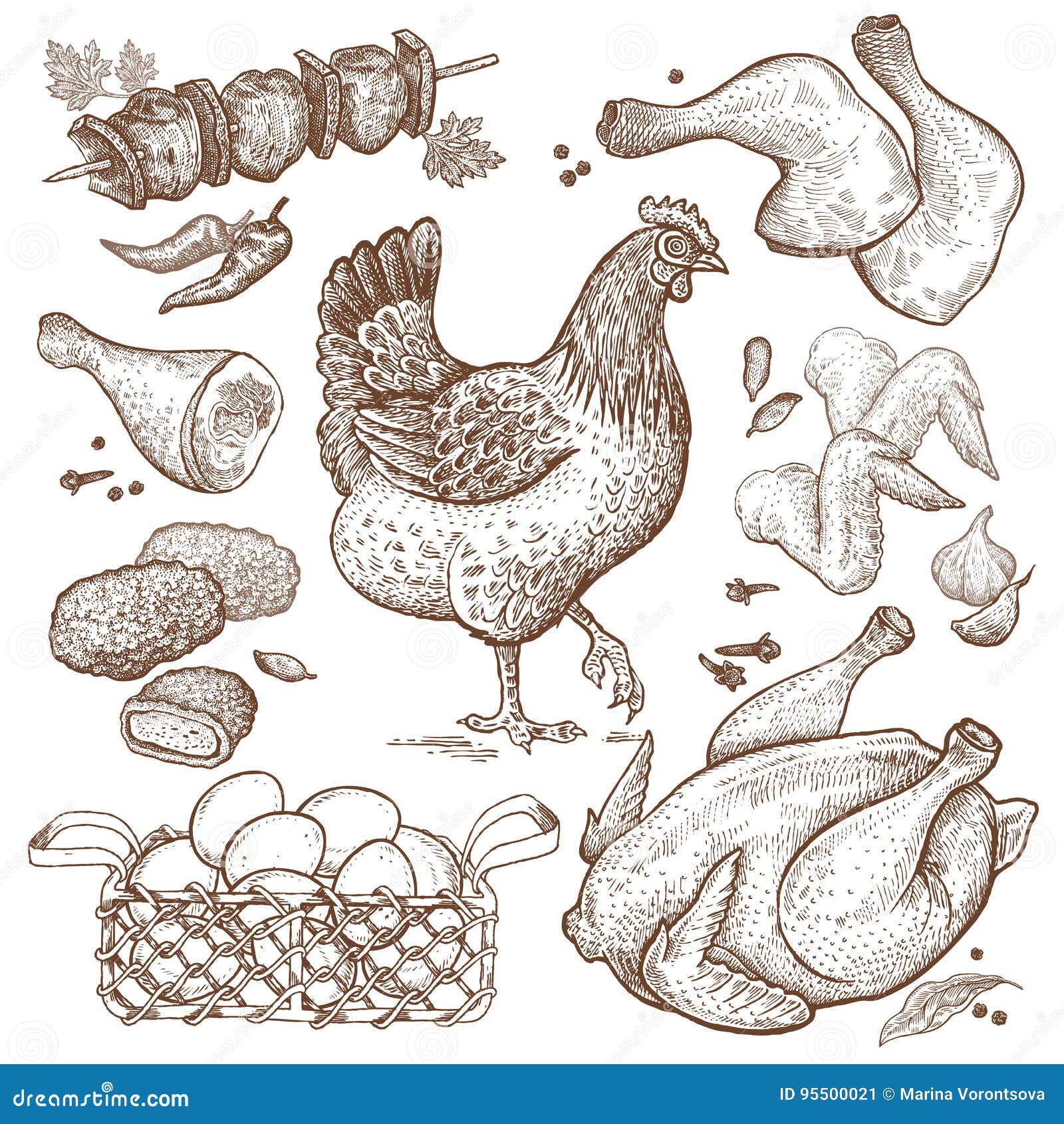 Kip en kippenschotels vector illustratie. Illustration of peper - 95500021