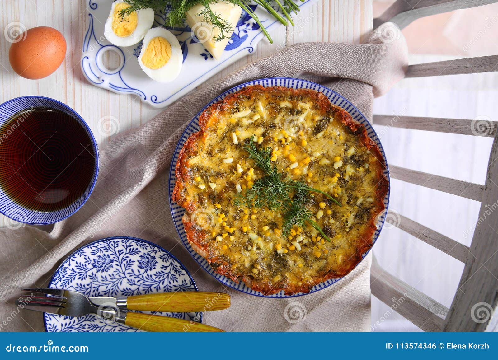 Kish with Cheese, Boiled Egg and Greens Stock Photo - Image of omelette ...