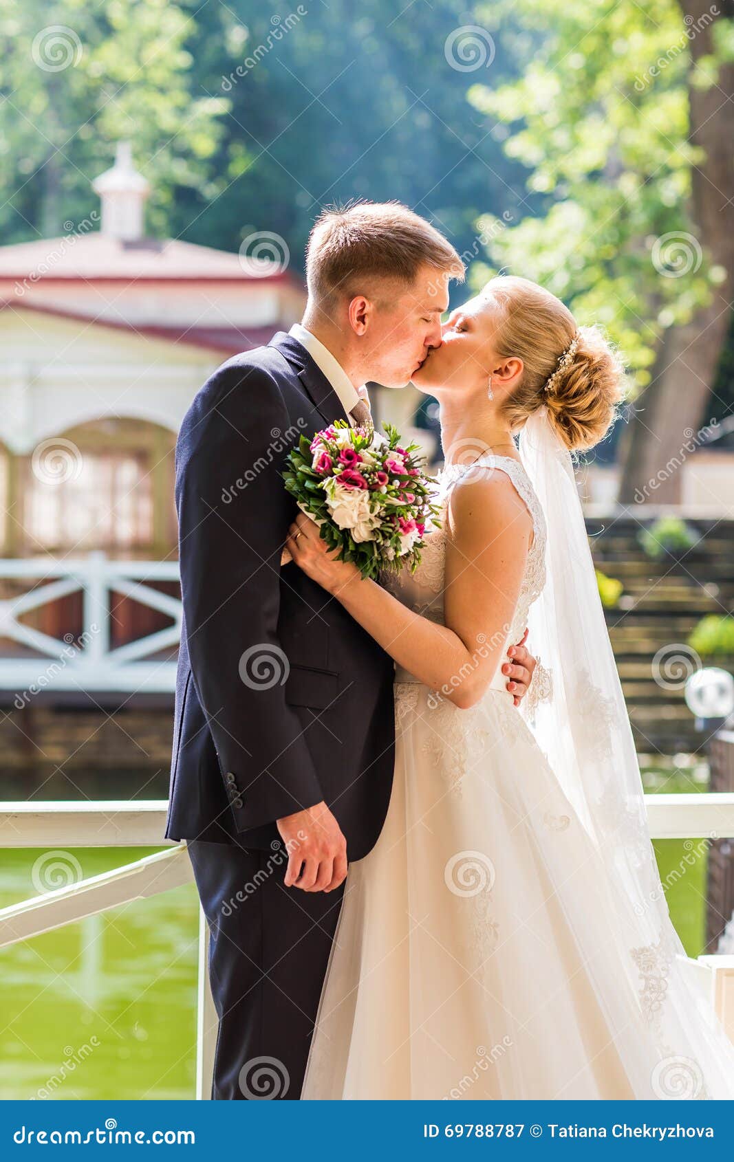Kiss the bride and groom stock image. Image of enamored - 69788787