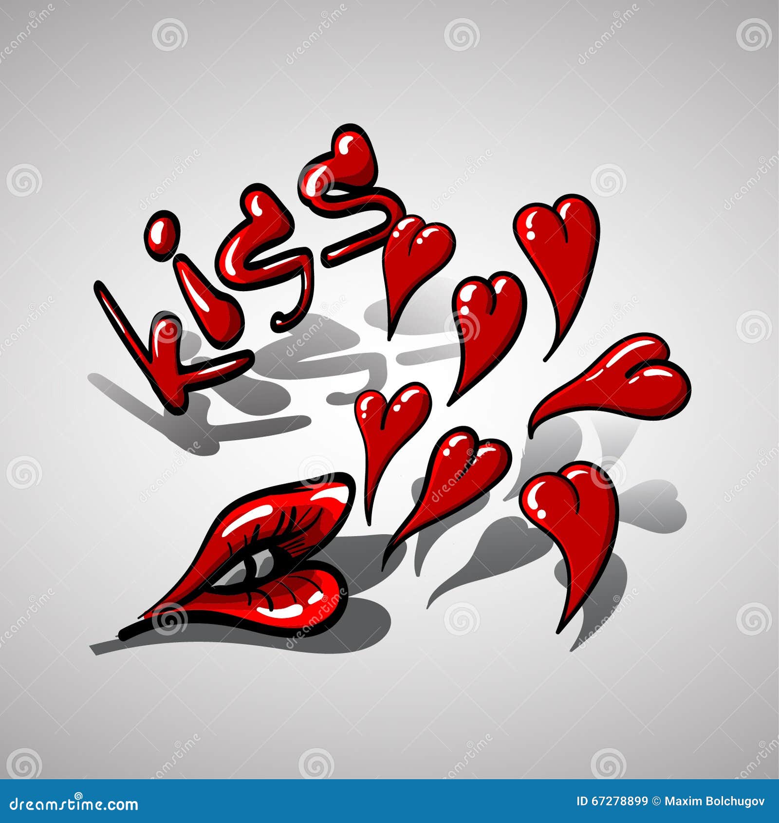 Kiss Of Two Red Hearts With Narrowed Eyes Vector Illustration ...