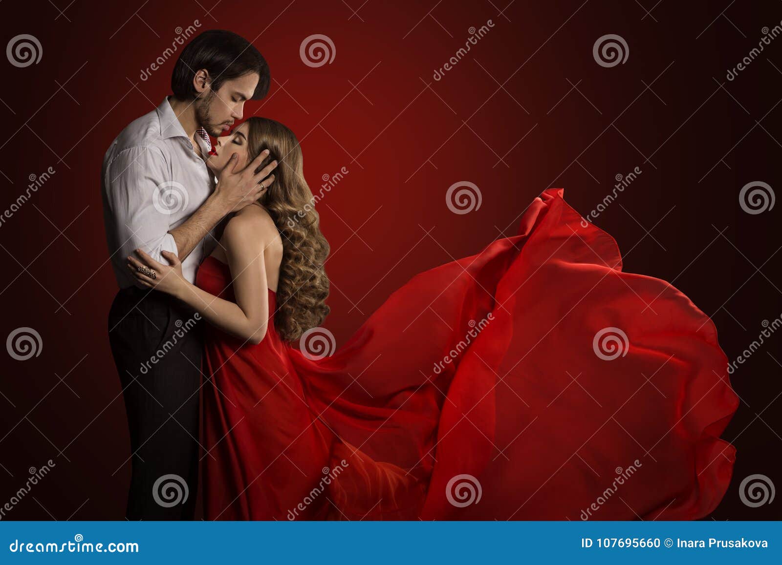Kissing Couple Young Man Kiss Beautiful Woman Waving Red Dress Stock