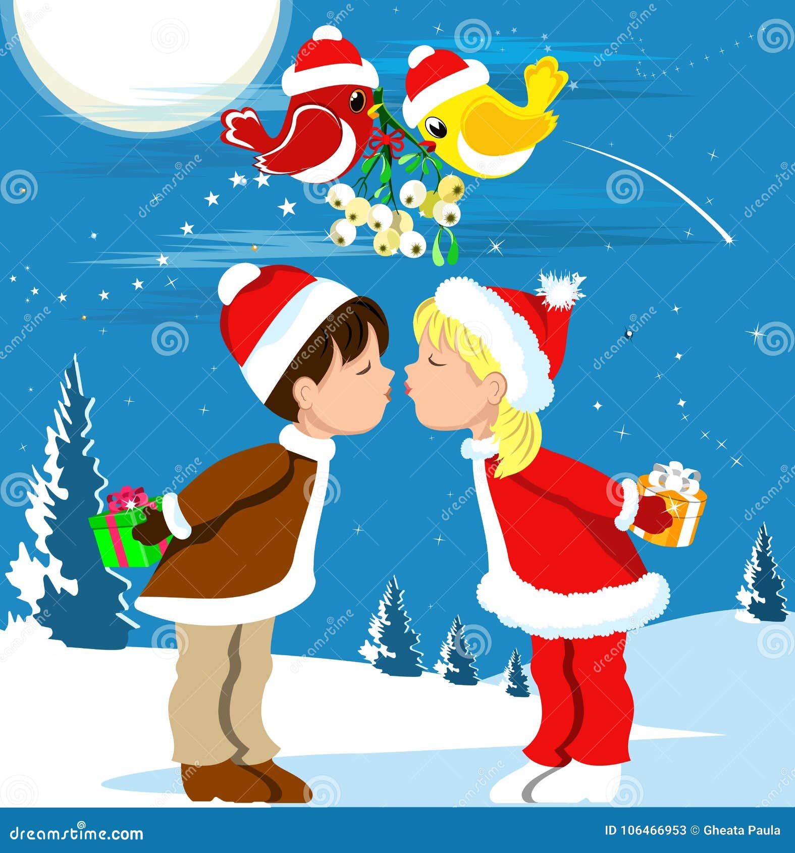 Kissing Under The Mistletoe,Snowman ,romantic Couple Kissing Under The ...