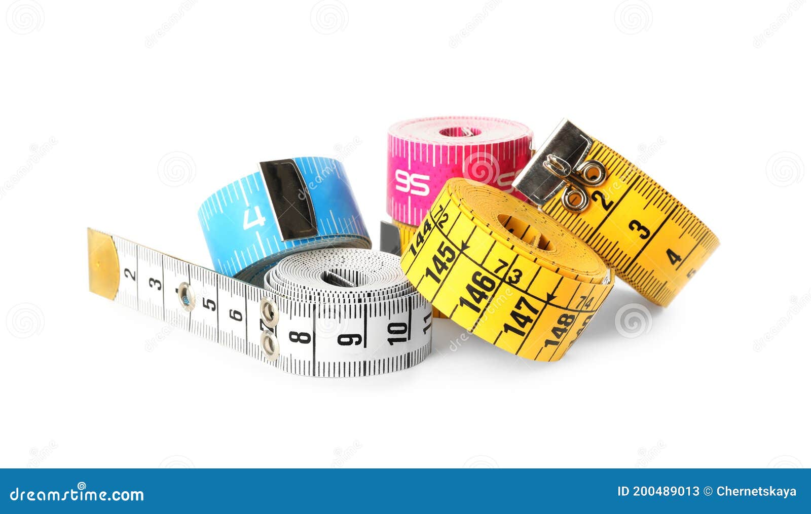 Kit of Different Measuring Tapes Isolated on White Stock Image - Image ...