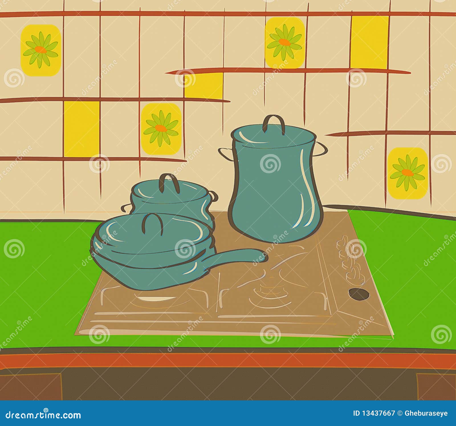 Colorful Stylized Kitchen with Pots, Colors, Crockery. Stock ...