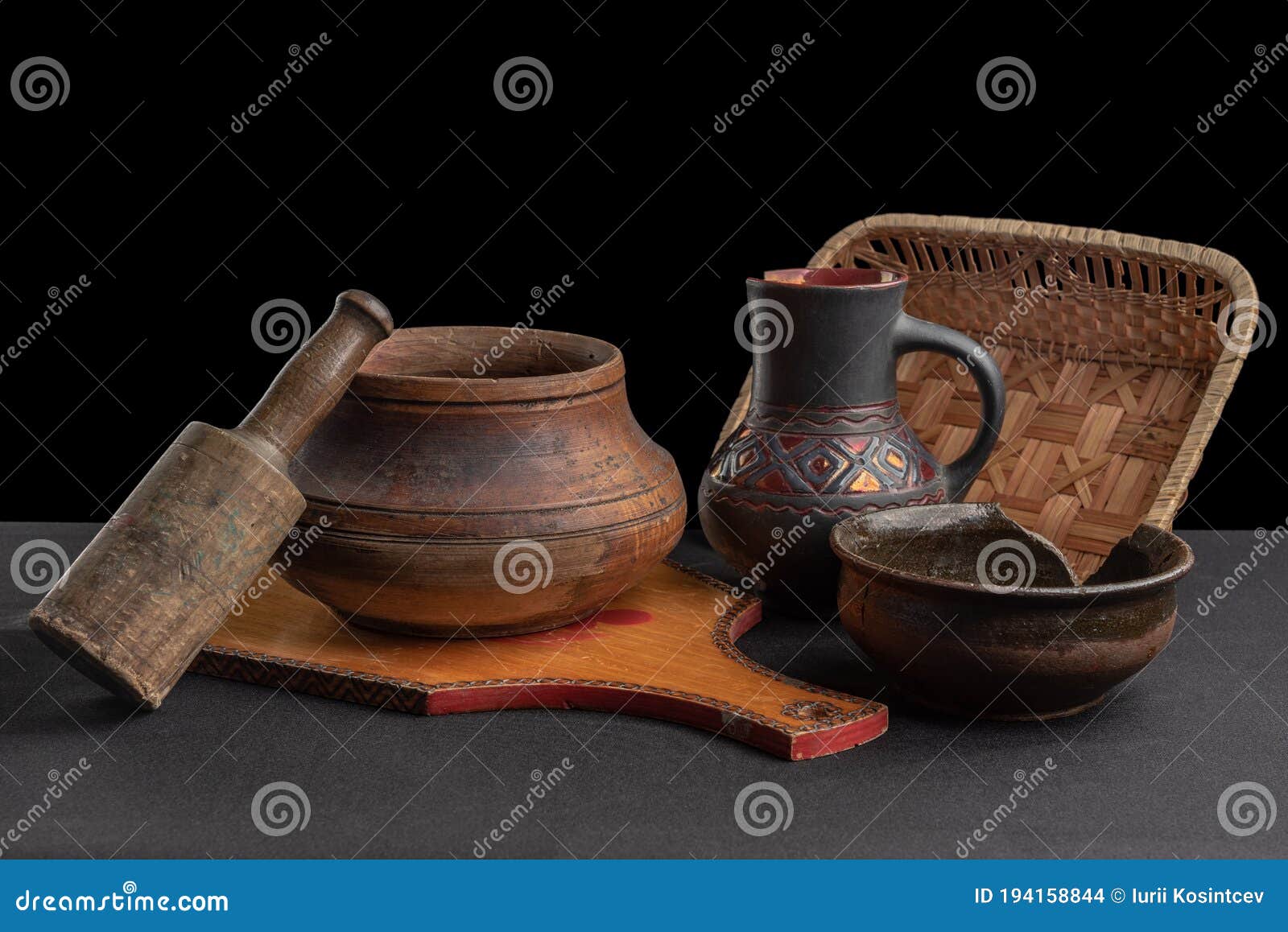 Vintage Kitchen Items of Rural Life on a Dark Background. Stock Photo ...