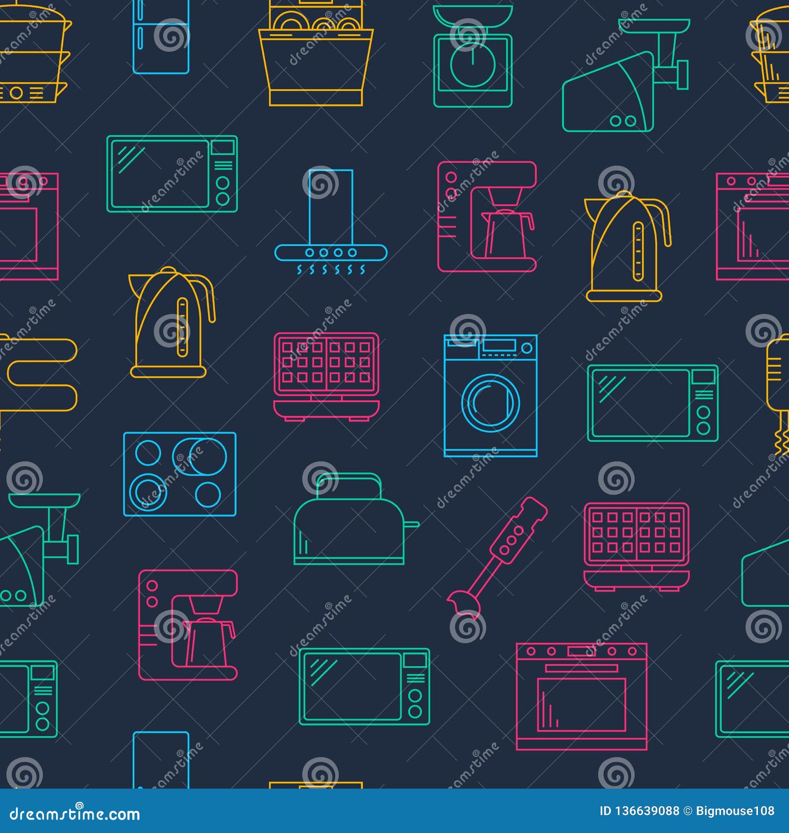 Kitchen Appliances Signs Thin Line Seamless Pattern Background. Vector ...