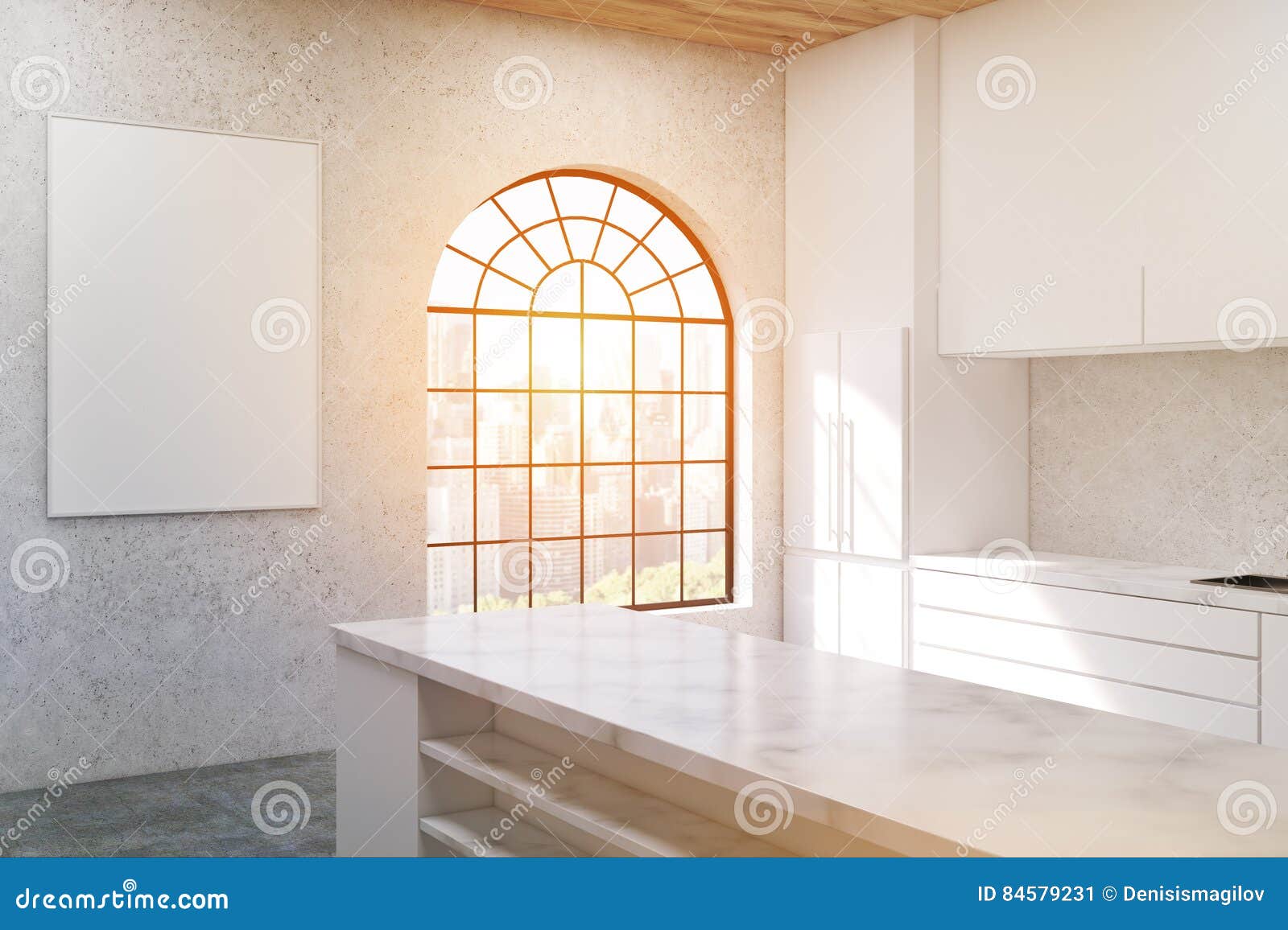 Kitchen with Arc Shaped Window, Toned Stock Illustration - Illustration ...