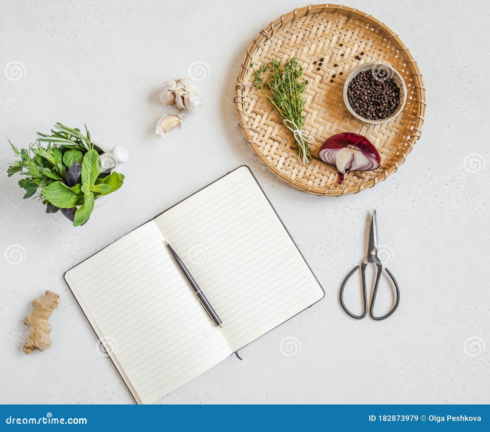 Kitchen Background with Open Cookbook for Recipes and Various Spices ...