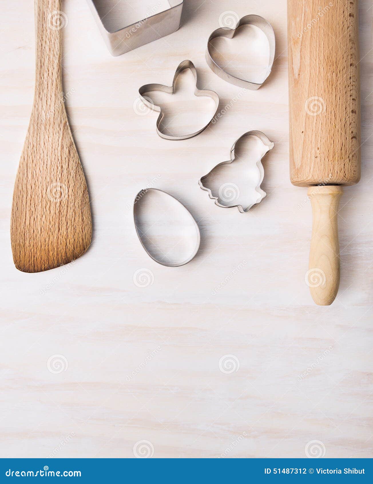 Kitchen Bake Utensils with Easter Cookie Cutters on White Wooden ...