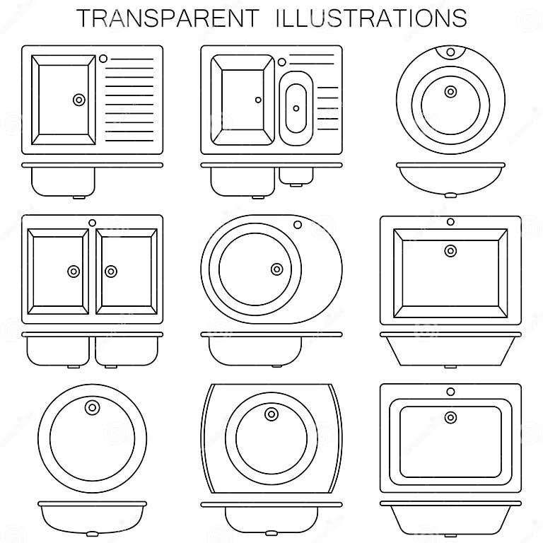 Kitchen and Bathroom Sinks Set. Vector Illustrations. Transparent and ...