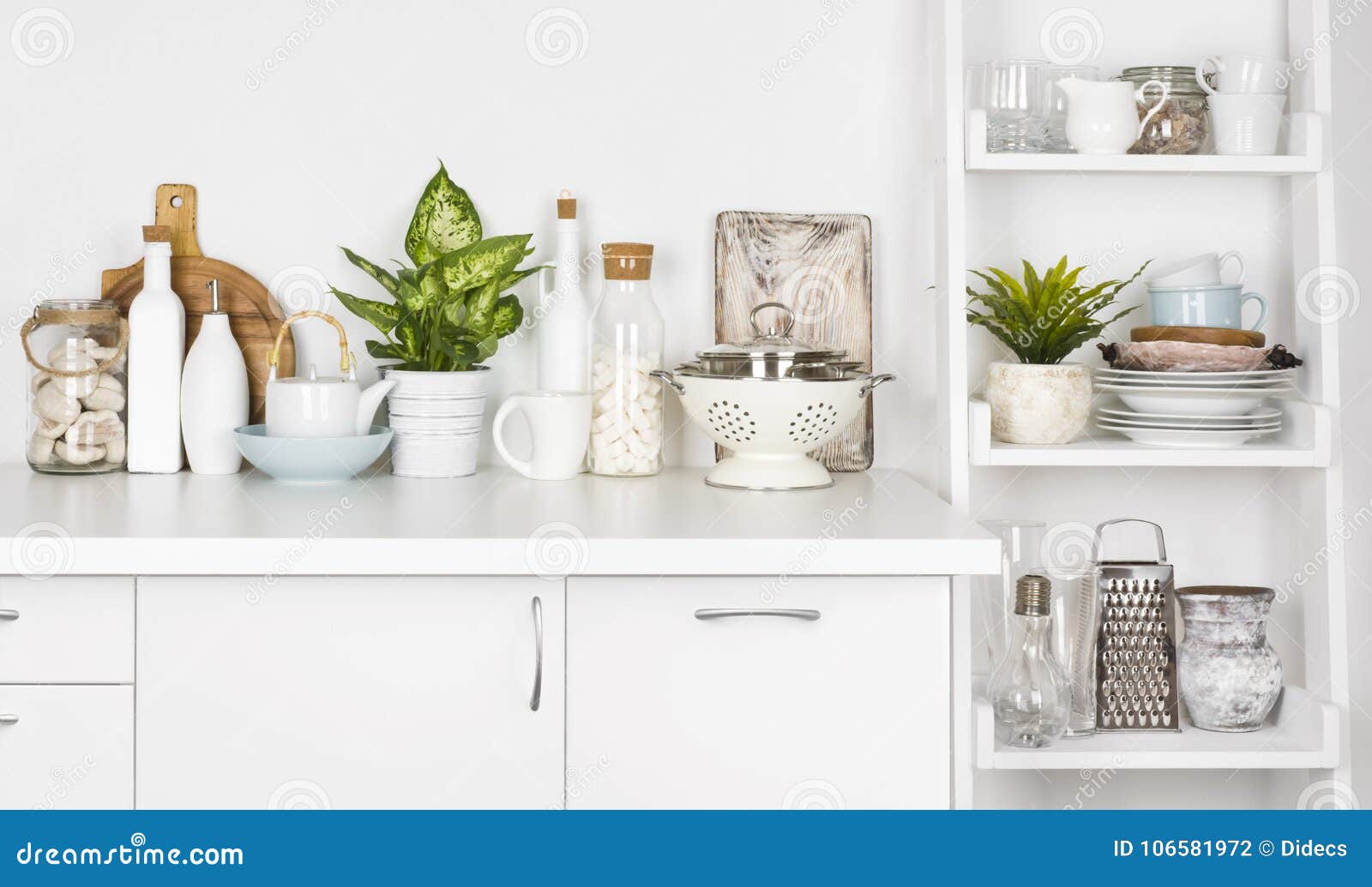 Kitchen Bench and Shelf with Various Utensils on White Background Stock ...
