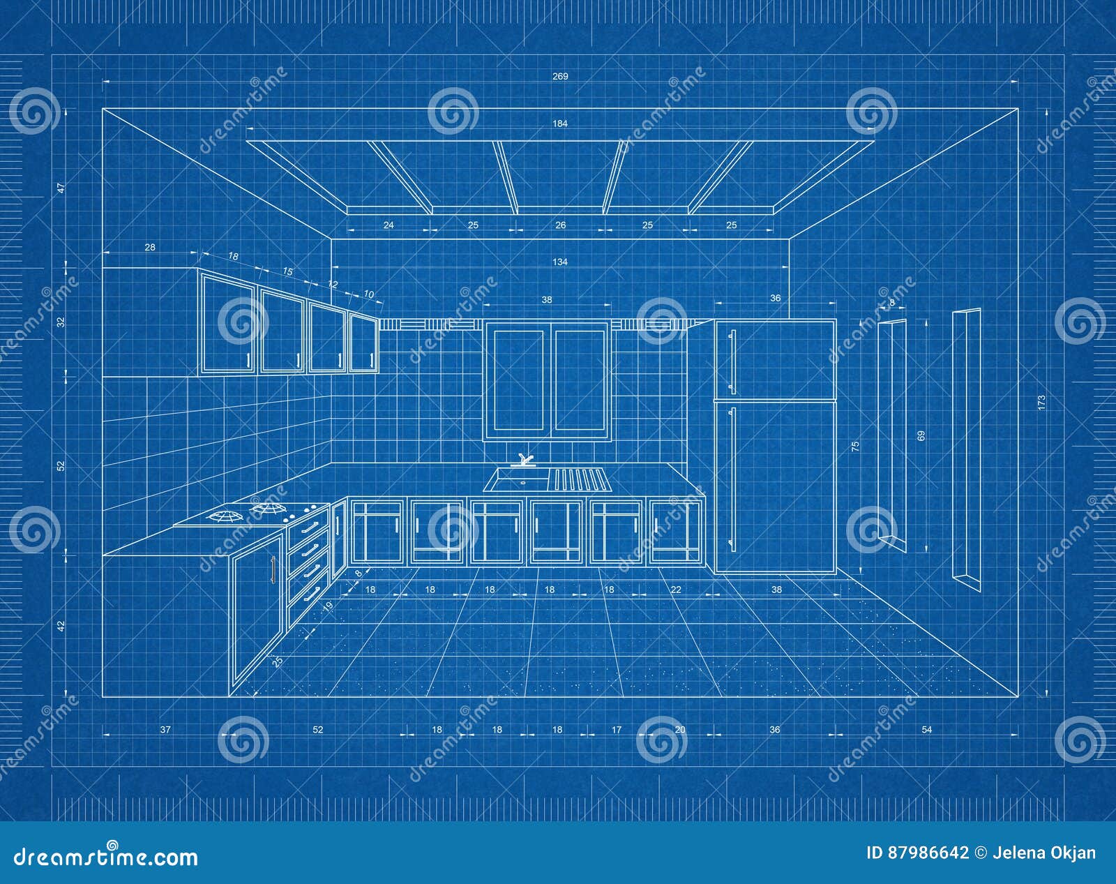 Kitchen Blueprint â€“ 3D Perspective Stock Illustration - Illustration ...