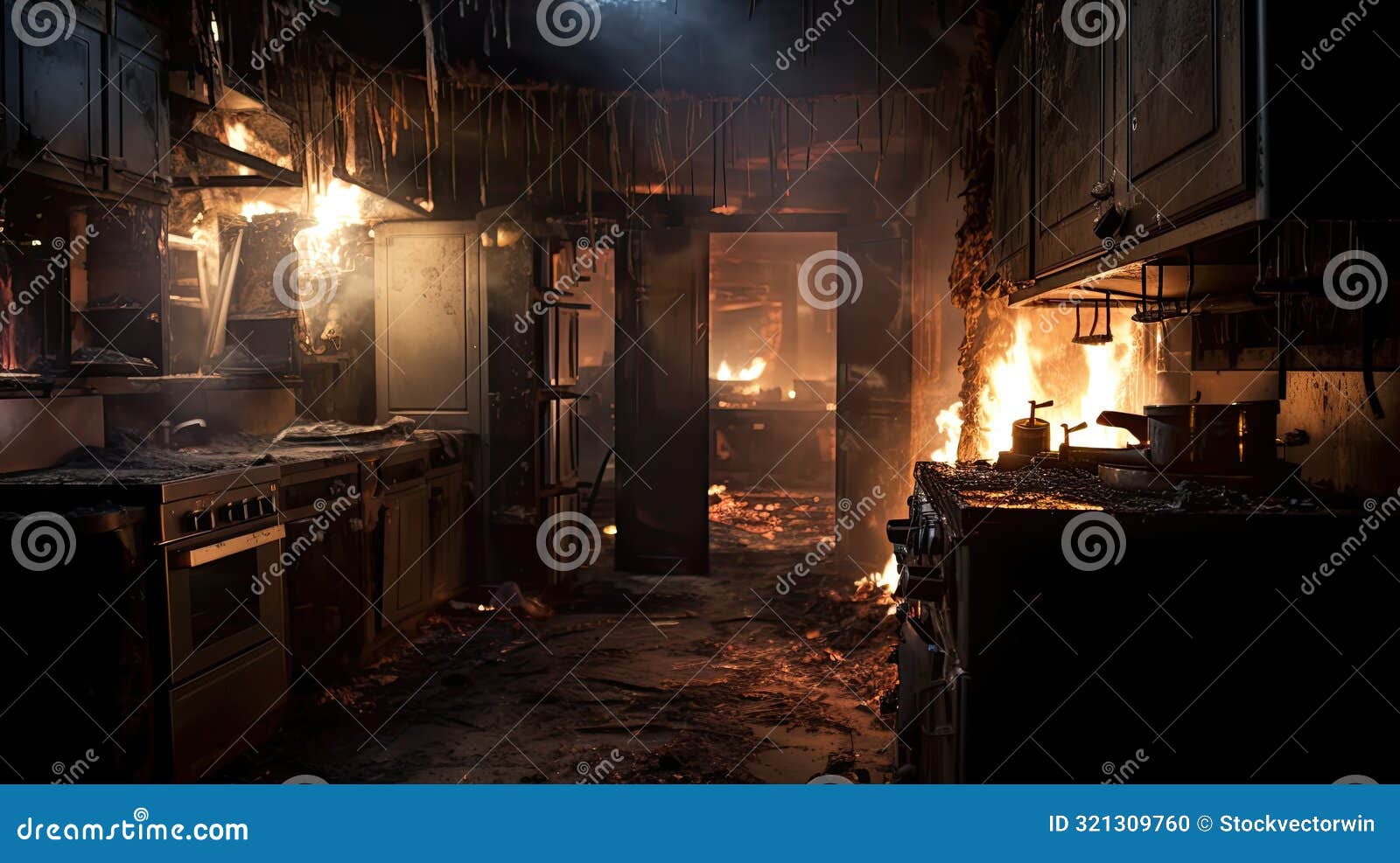 Kitchen Blurred Fire Damage Interior Stock Illustration - Illustration ...