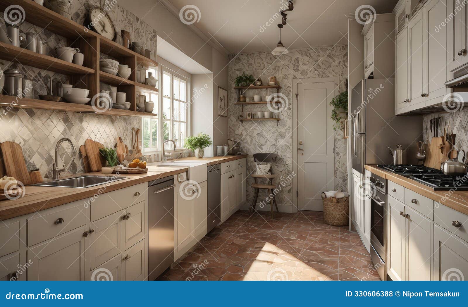 Kitchen with Brick Floor and White Cabinets Stock Photo - Image of ...