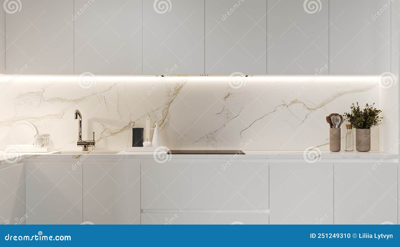 Kitchen Cabinets in White Color, Modern Kitchen Interior with Marble ...
