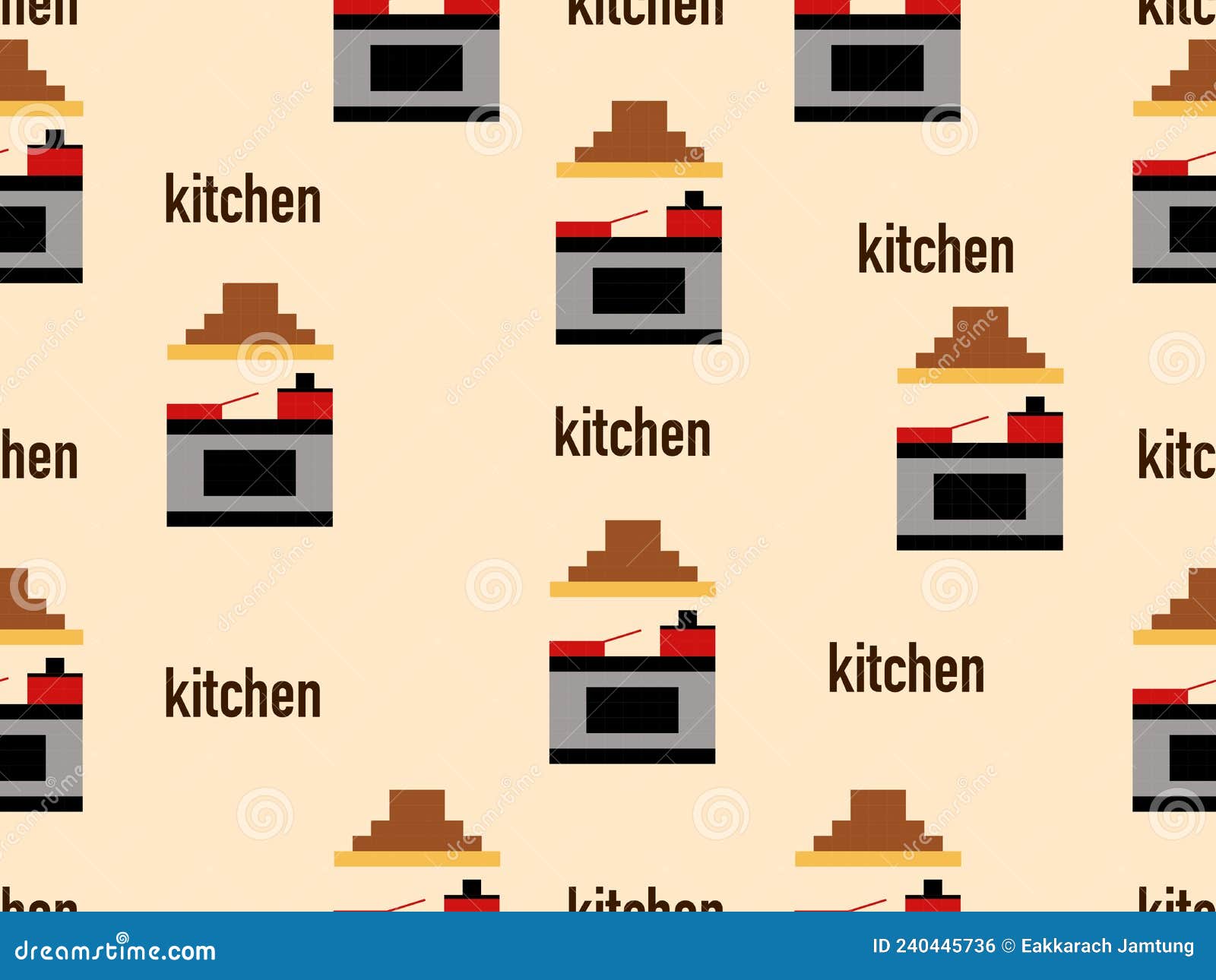 Kitchen Cartoon Character Seamless Pattern on Brown Background.Pixel ...