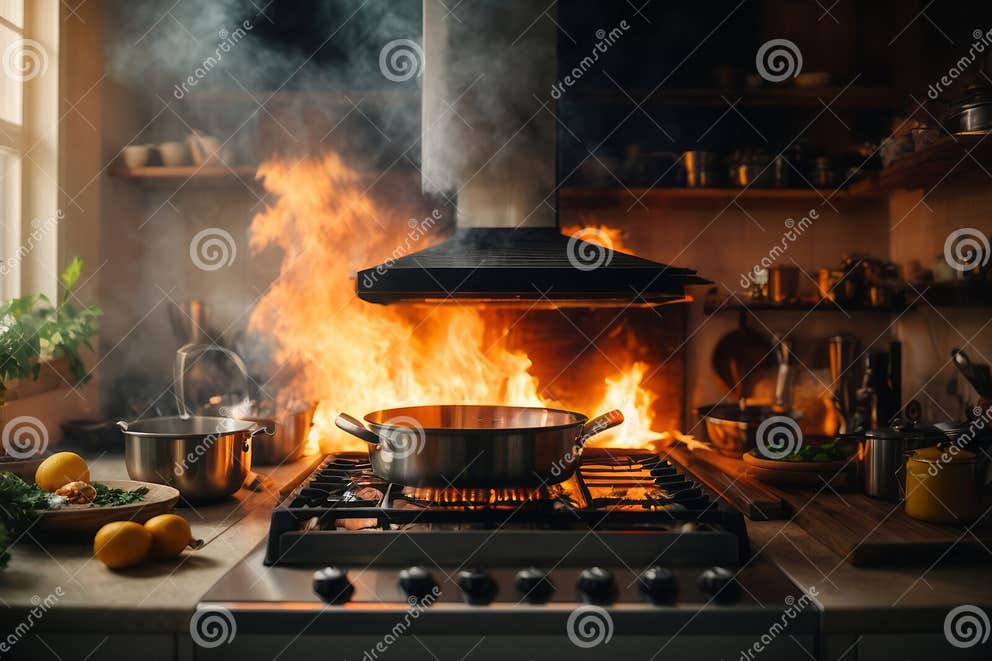 Kitchen Caught Fire because the Stove Exploded Stock Illustration ...