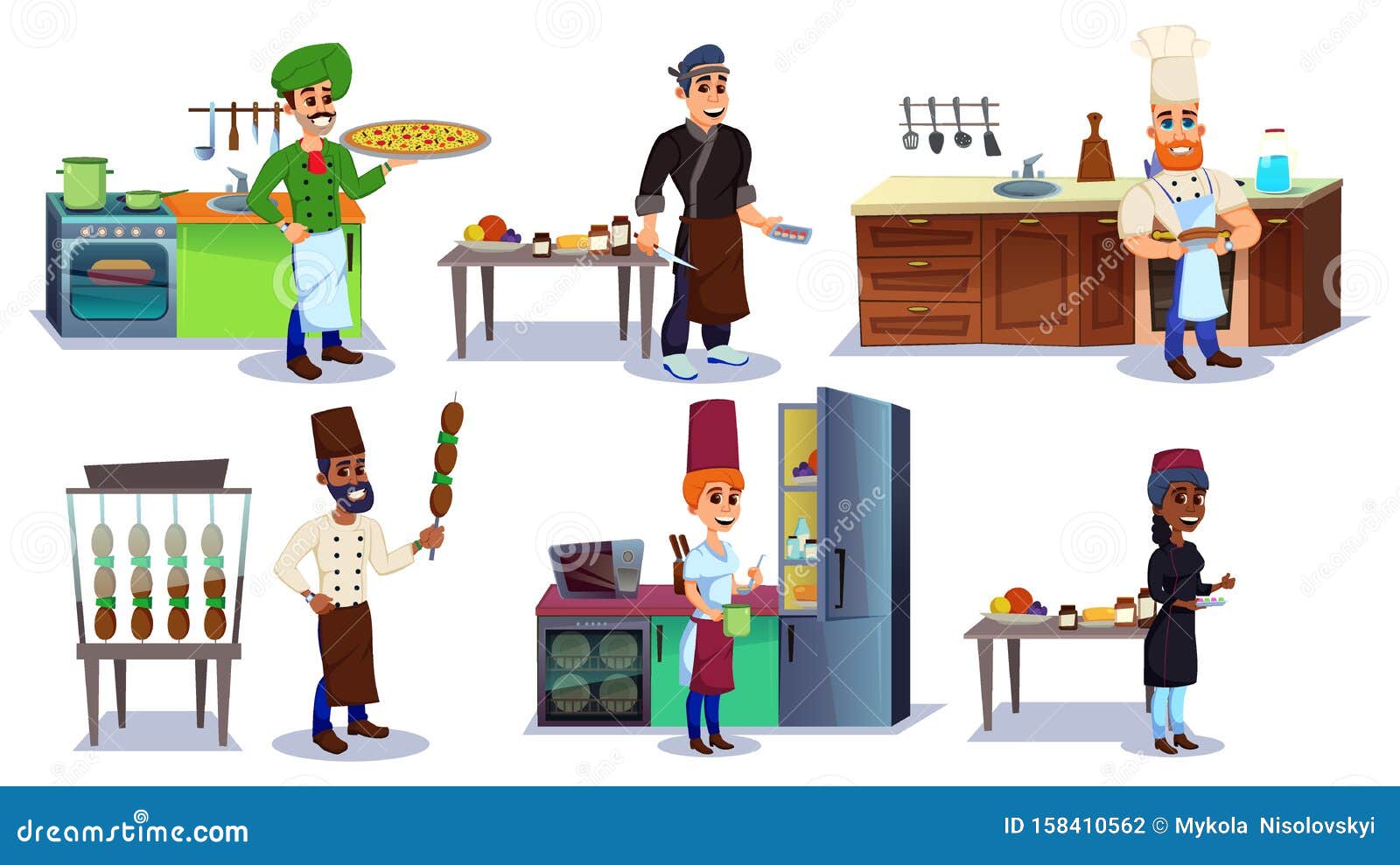 Kitchen with Chef Characters with Different Dish. Stock Vector ...