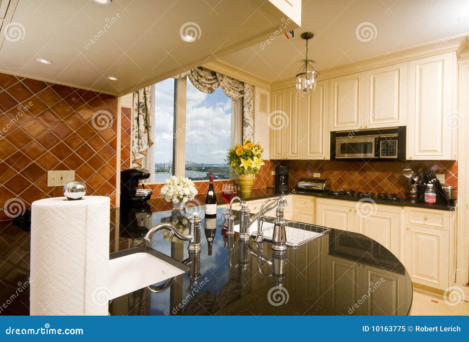 Kitchen in City Apartment with Skyline Views Stock Image - Image of ...