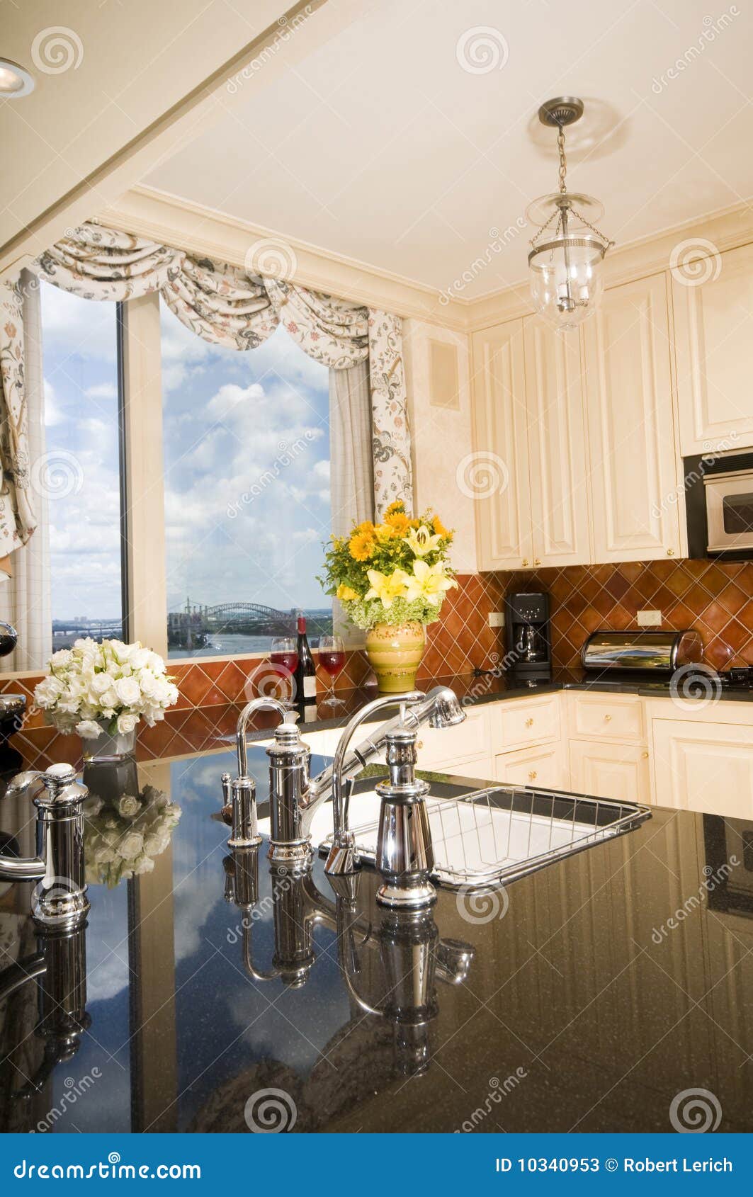 Kitchen in City Apartment with Skyline Views Stock Image - Image of ...